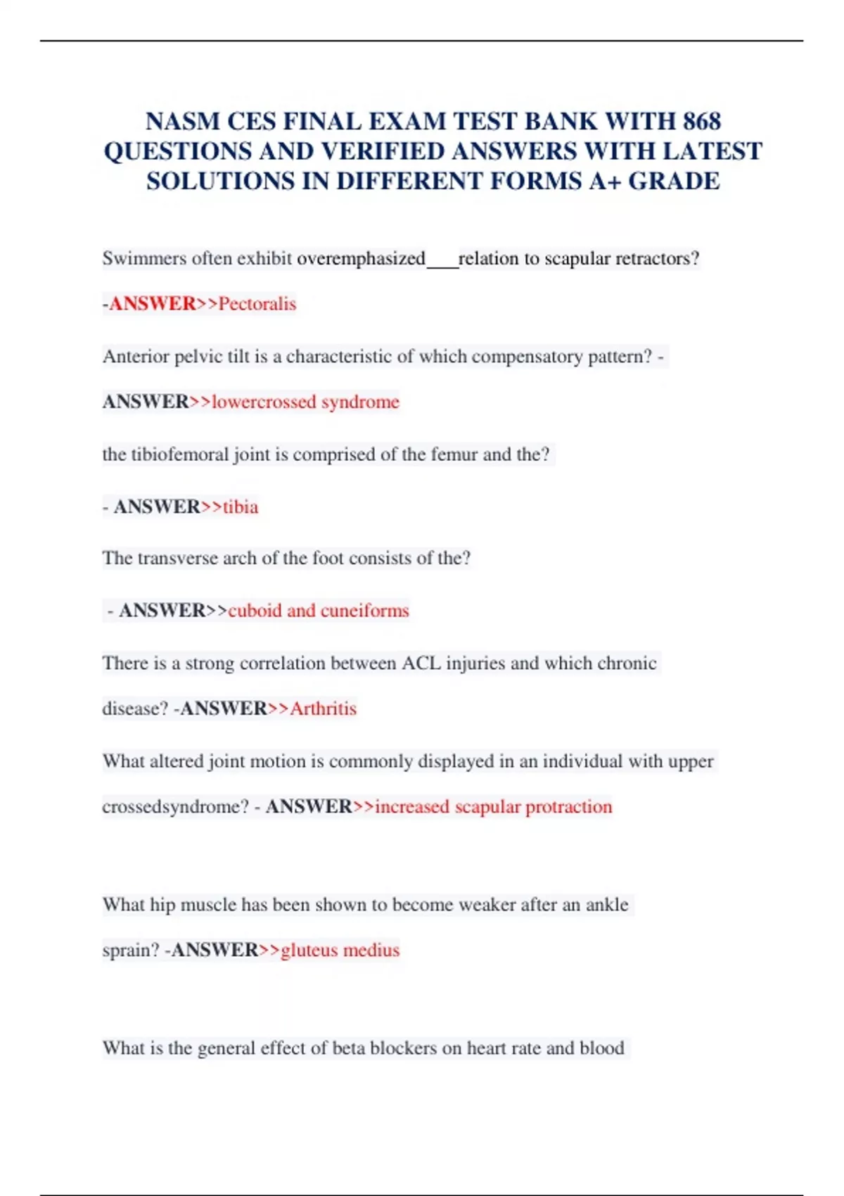 NASM CES FINAL EXAM TEST BANK WITH 868 QUESTIONS AND VERIFIED ANSWERS ...