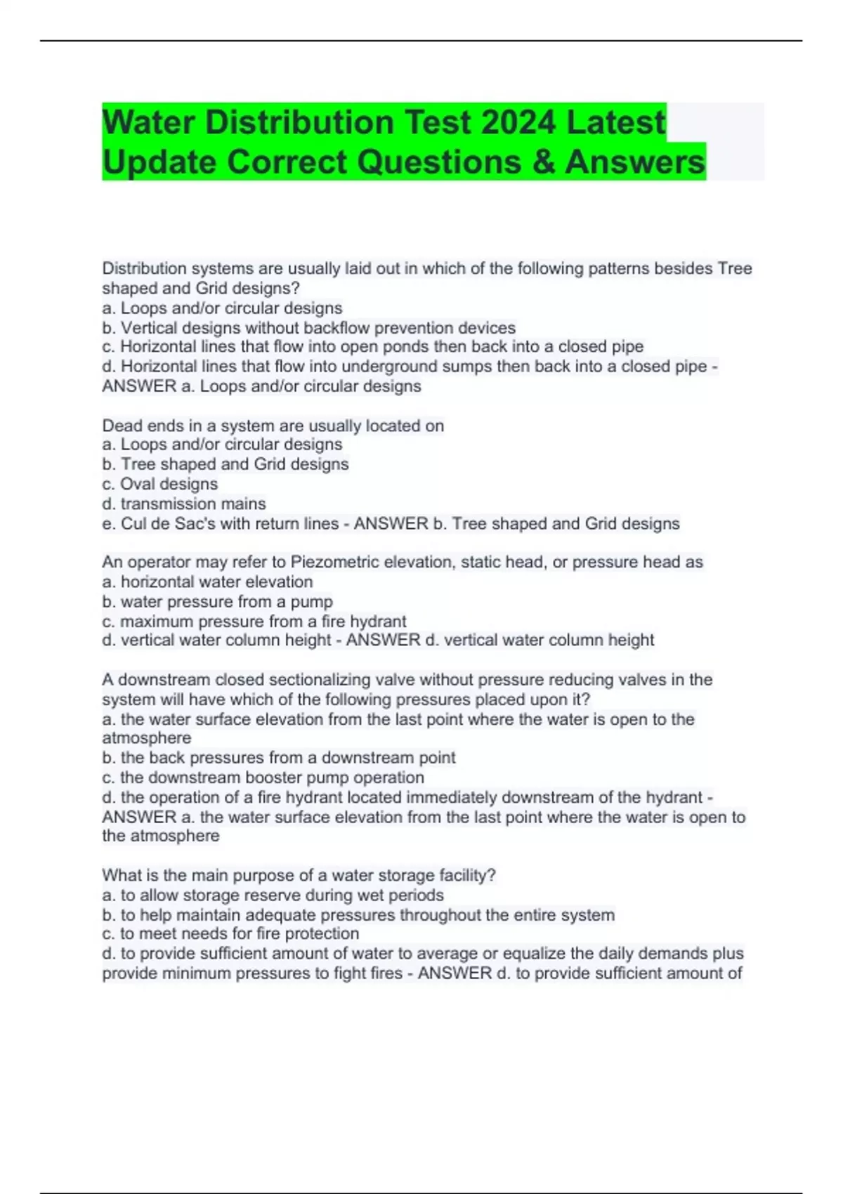 Water Distribution Test 2024 Latest Update Correct Questions & Answers ...