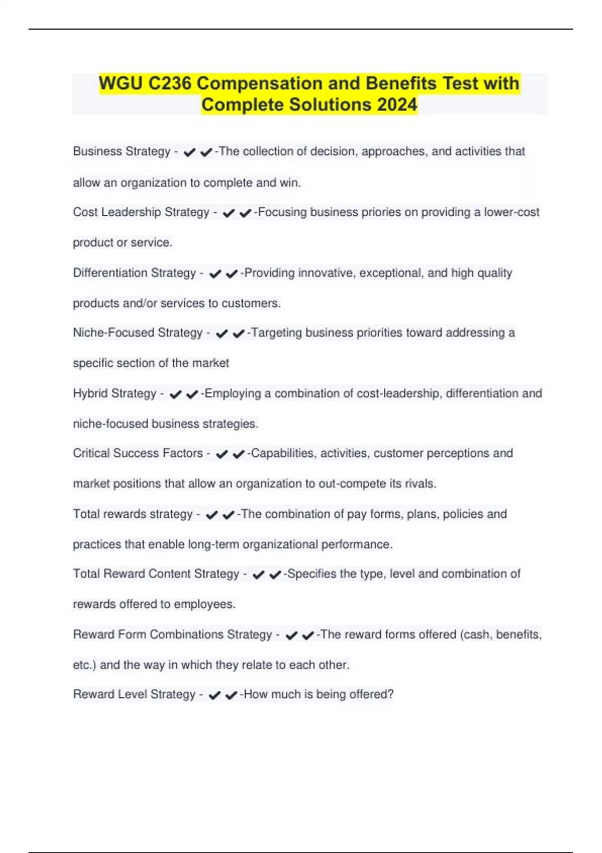 WGU C236 Compensation and Benefits Test with Complete Solutions 2024 ...