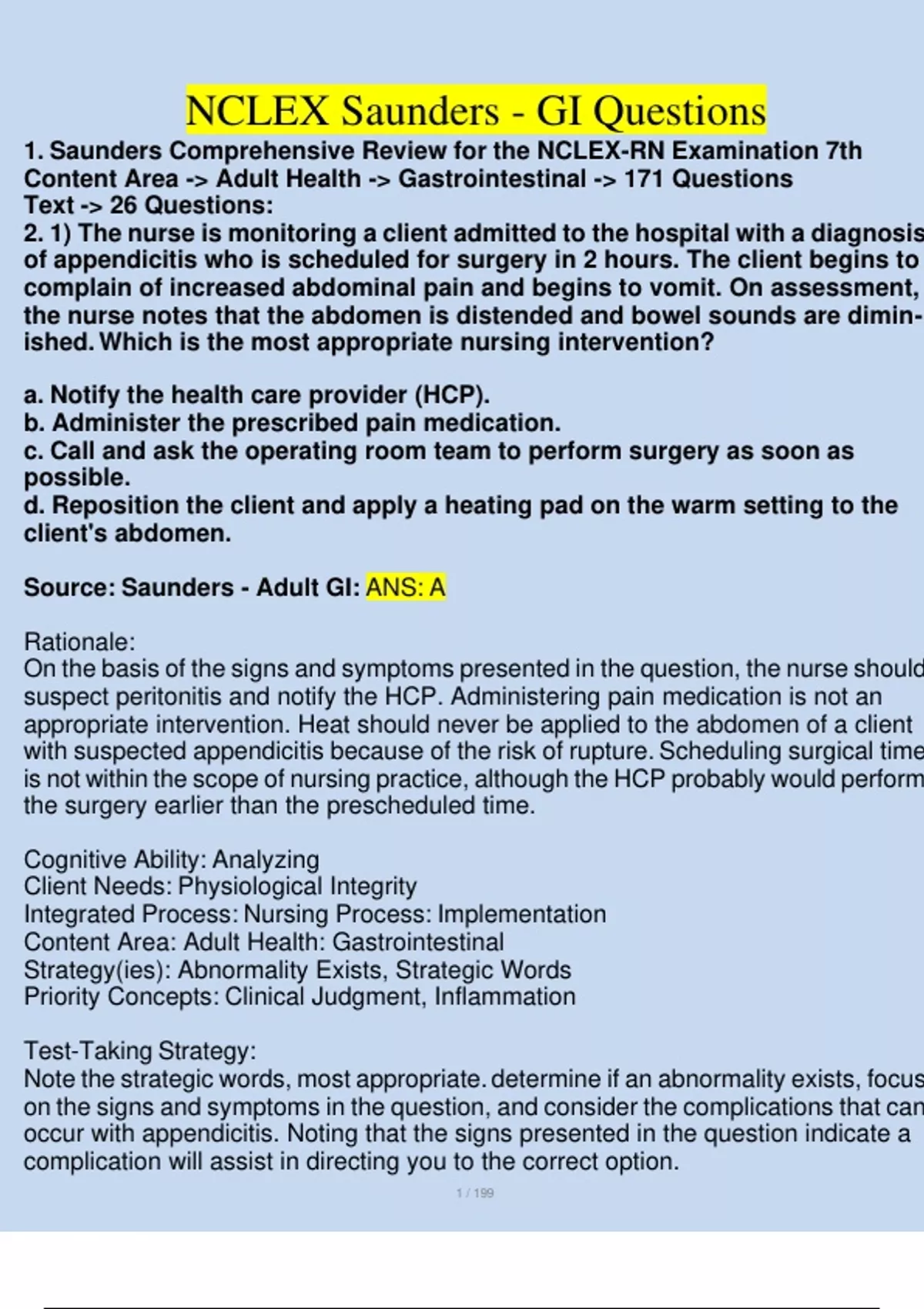 NCLEX Saunders - GI Questions and Answers 2024 / 2025 (Verified Answers ...