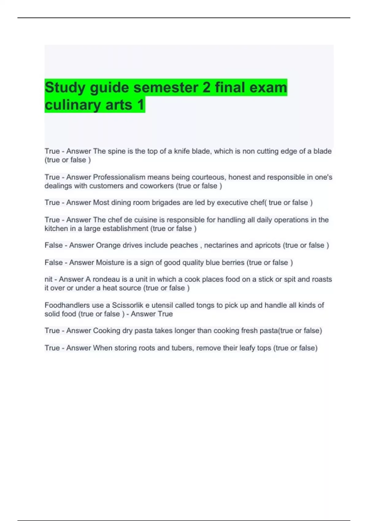 Study guide semester 2 final exam culinary arts 1 questions and answers ...