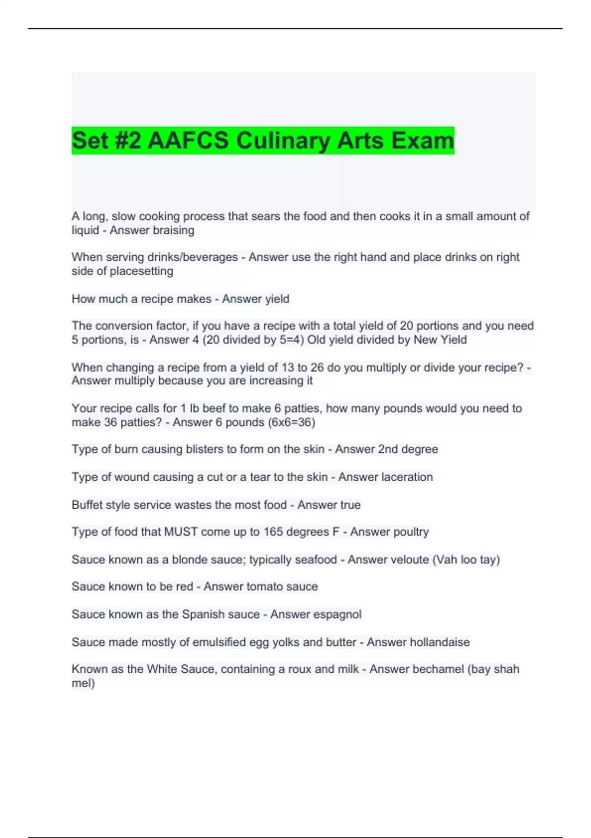 Set #2 AAFCS Culinary Arts Exam with complete solutions - Culinary Arts ...
