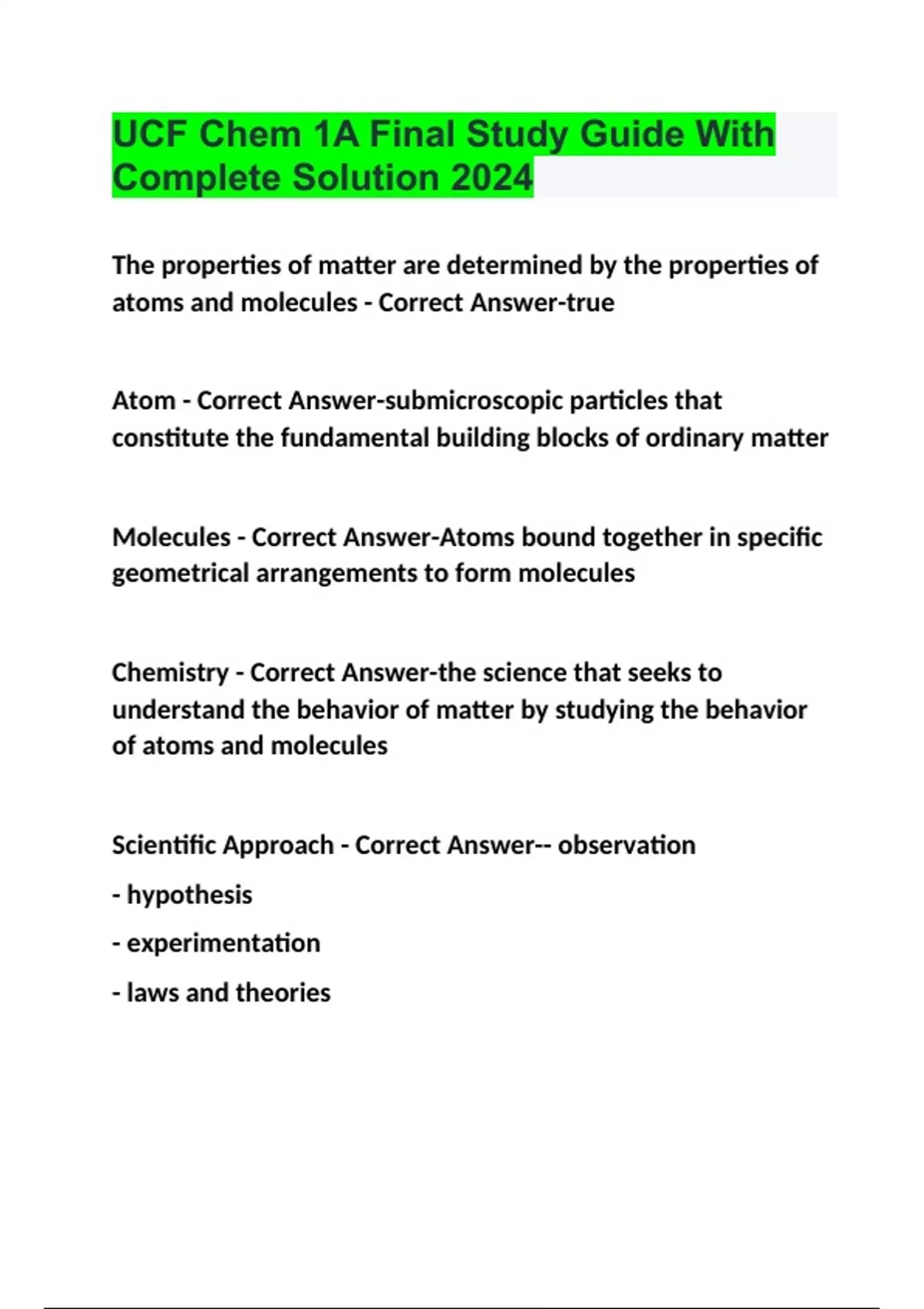UCF Chem 1A Final Study Guide With Complete Solution 2024 - UCF - Stuvia US