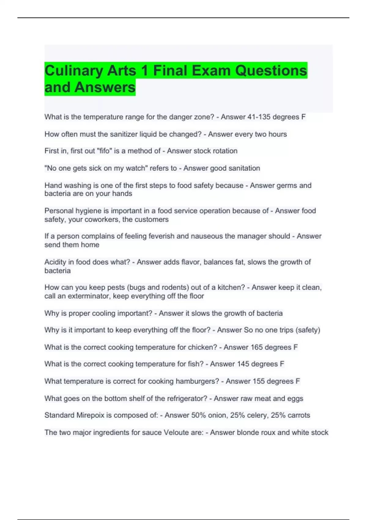 Culinary Arts 1 Final Exam Questions and Answers - Culinary Arts ...