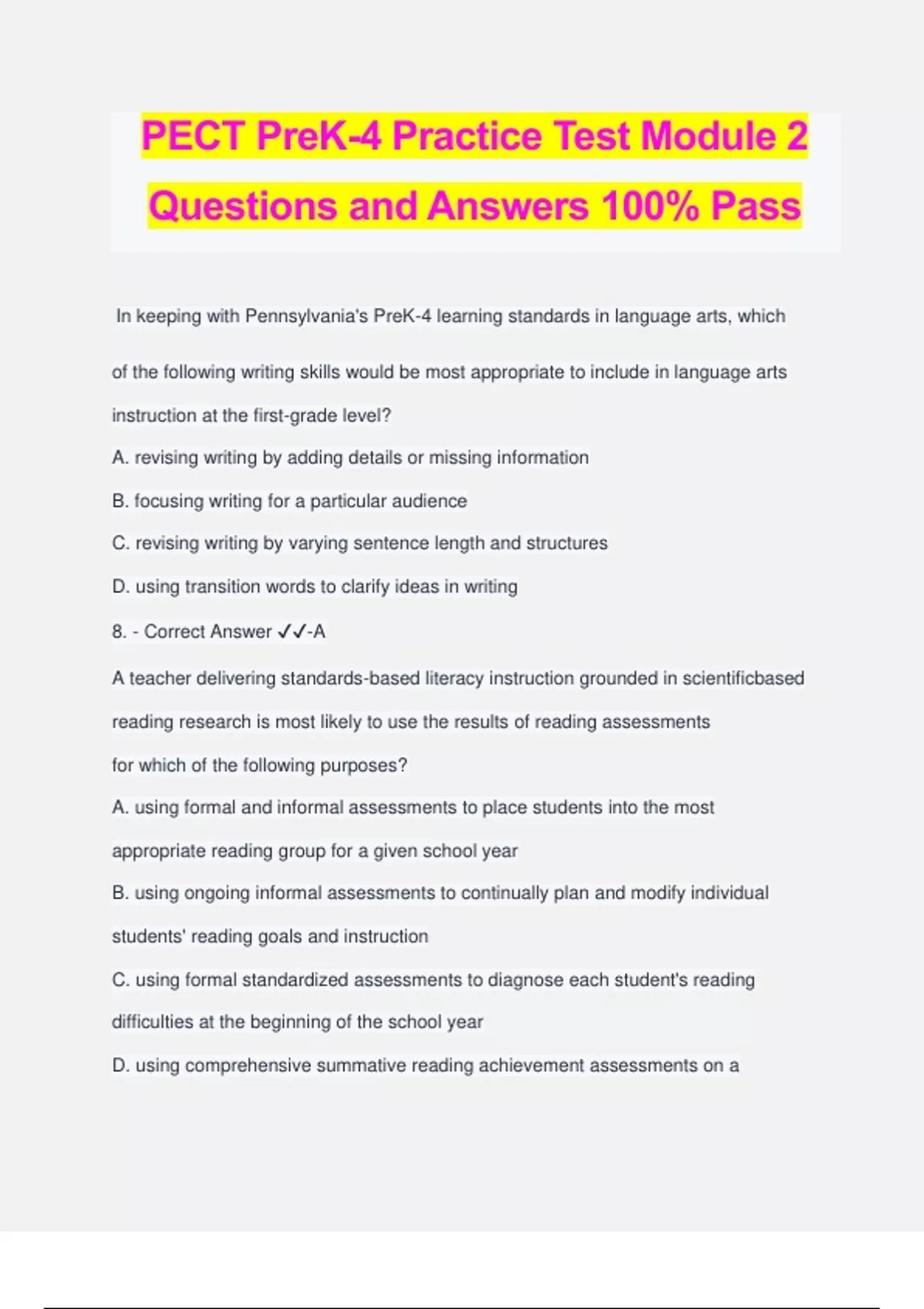 PECT PreK-4 Practice Test Module 2 Questions and Answers 100% Pass ...