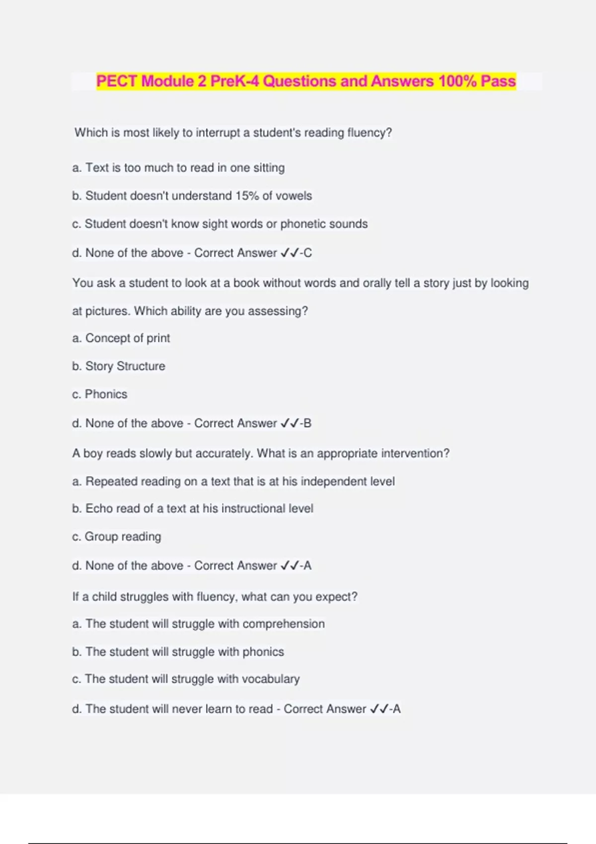 PECT Module 2 PreK-4 Questions and Answers 100% Pass - Pect - Stuvia US