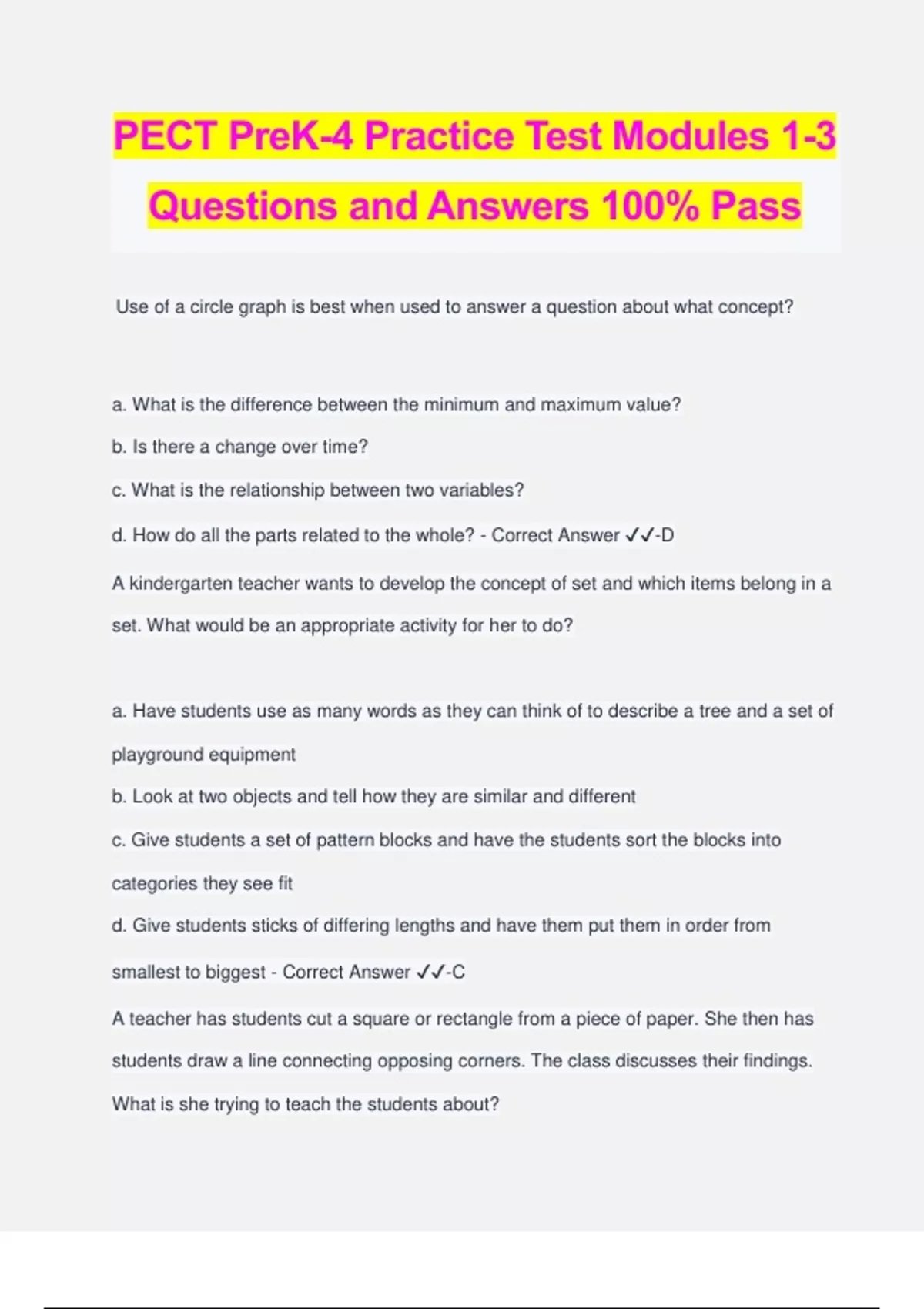 PECT PreK-4 Practice Test Modules 1-3 Questions and Answers 100% Pass ...