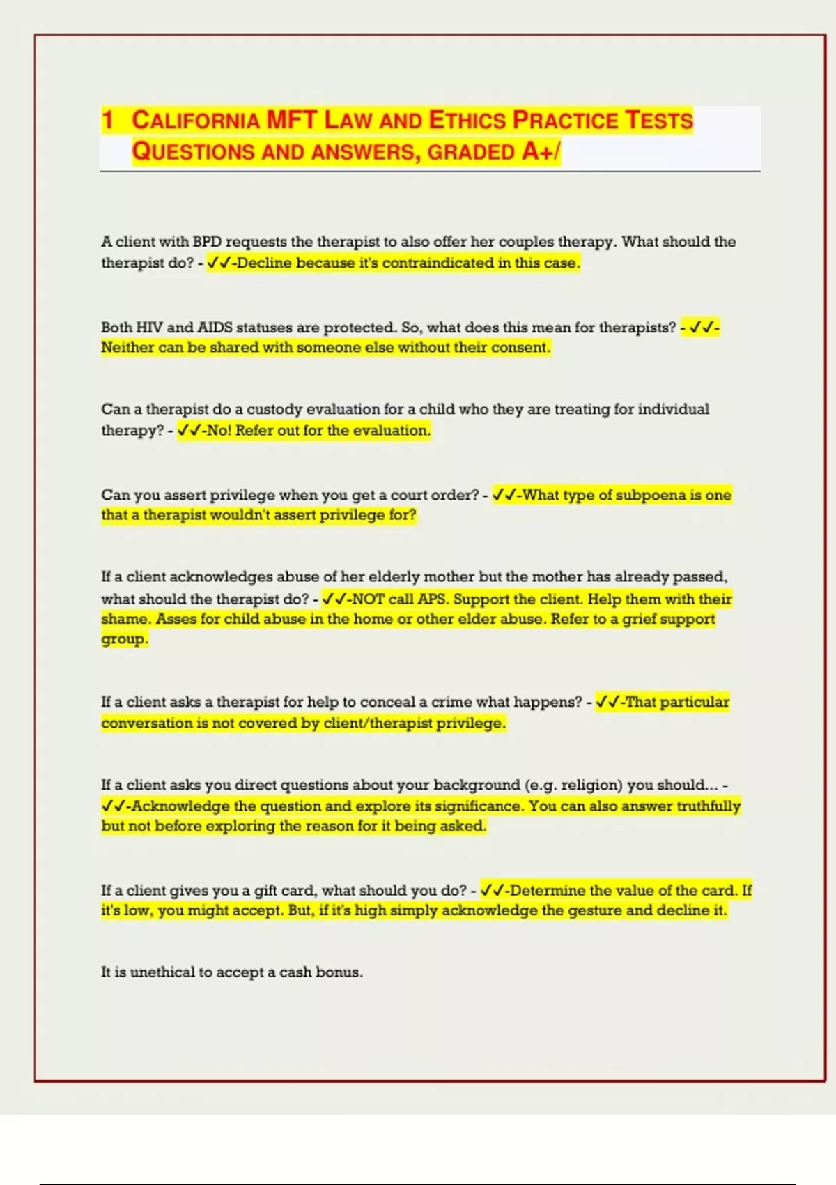 CALIFORNIA MFT LAW AND ETHICS PRACTICE TESTS QUESTIONS AND ANSWERS ...