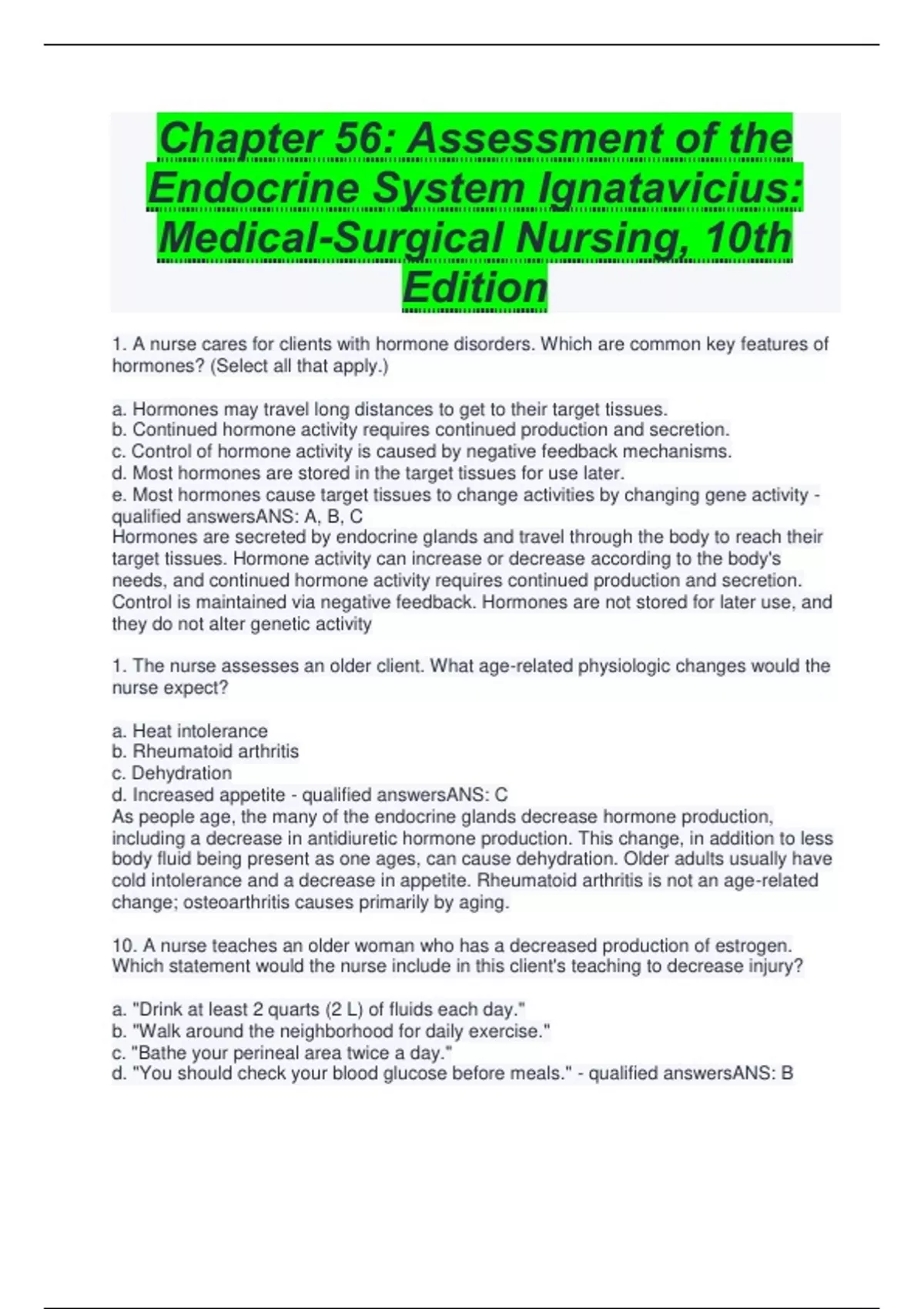 Chapter 56: Assessment of the Endocrine System Ignatavicius: Medical ...