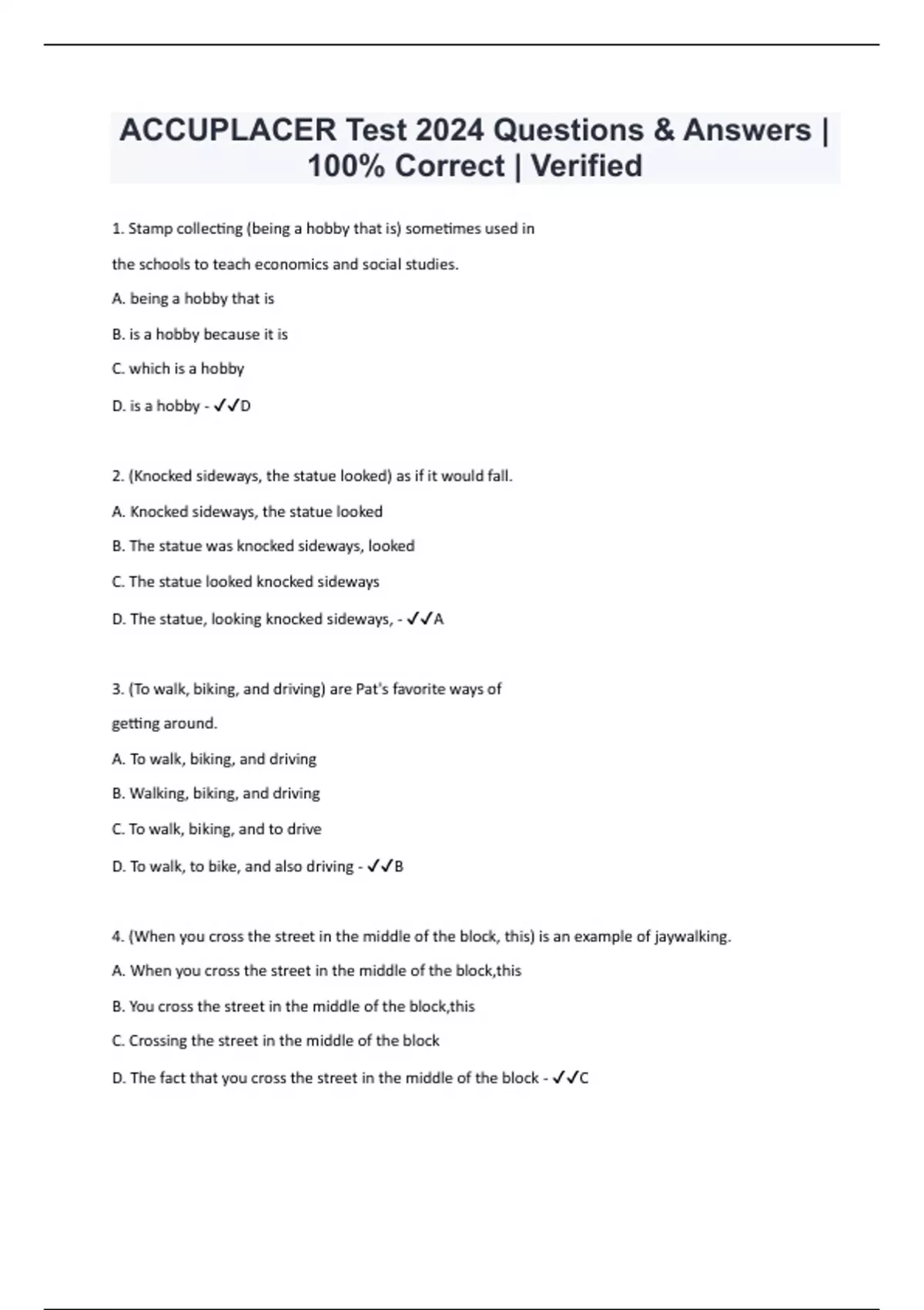 Accuplacer Test 2024 Questions And Answers 100 Correct Verified Accuplacer Stuvia Us