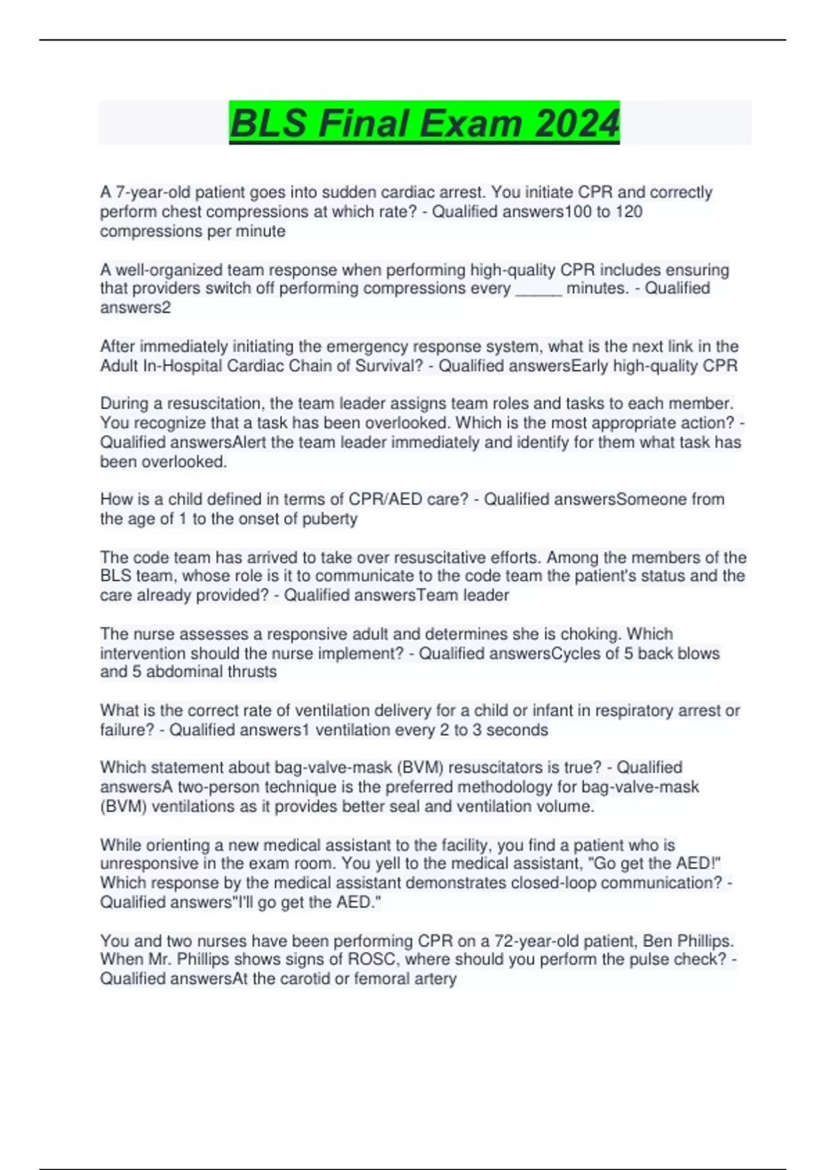 BLS Final Exam 2024 A 7-year-old patient goes into sudden cardiac ...