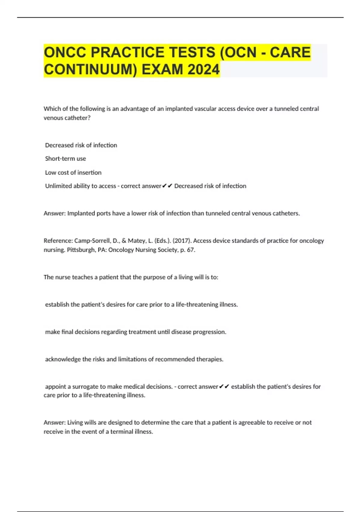 ONCC PRACTICE TESTS (OCN - CARE CONTINUUM) EXAM 2024 - ONS/ONCC ...