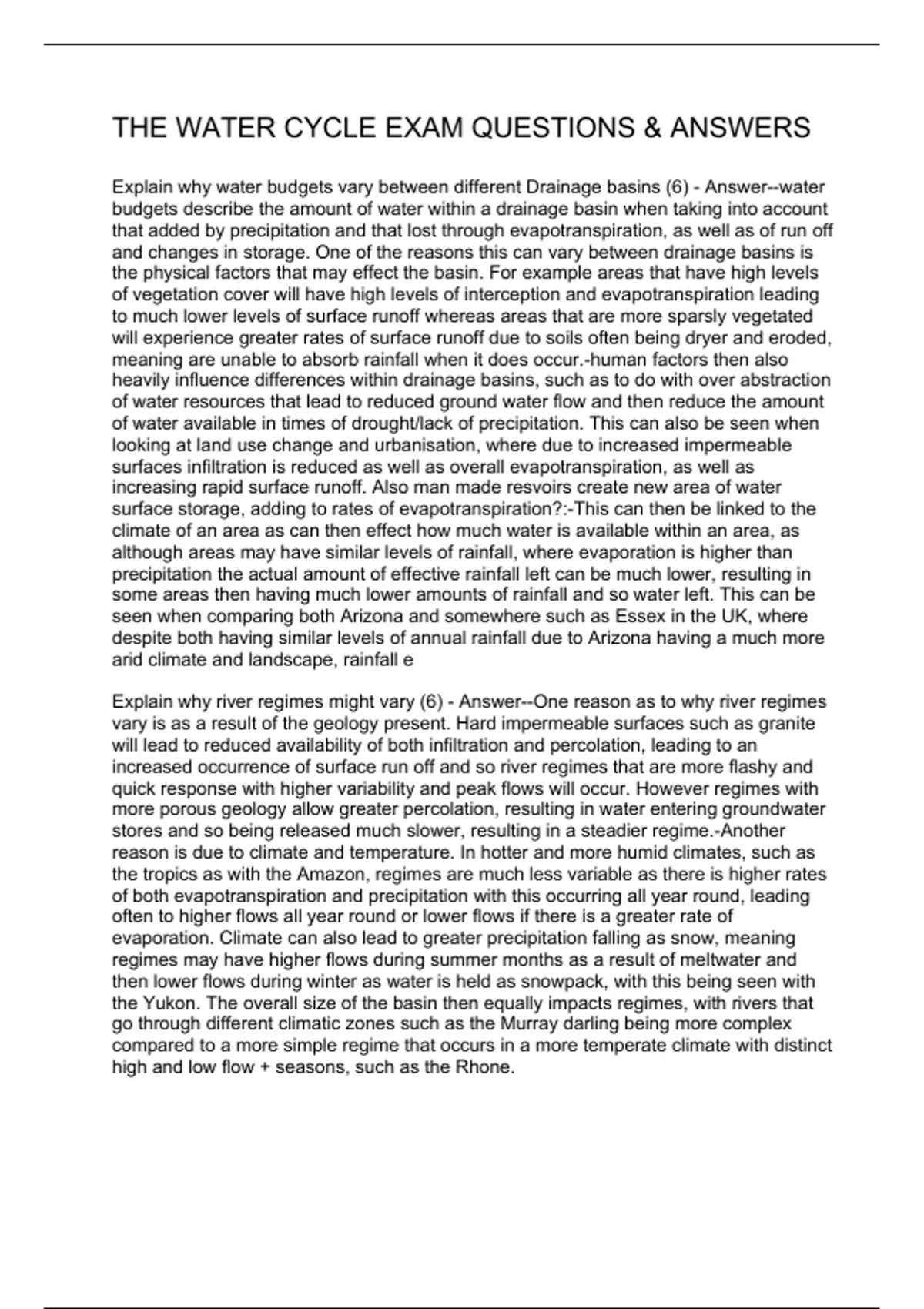 The Water cycle exam questions - The Water cycle - Stuvia US