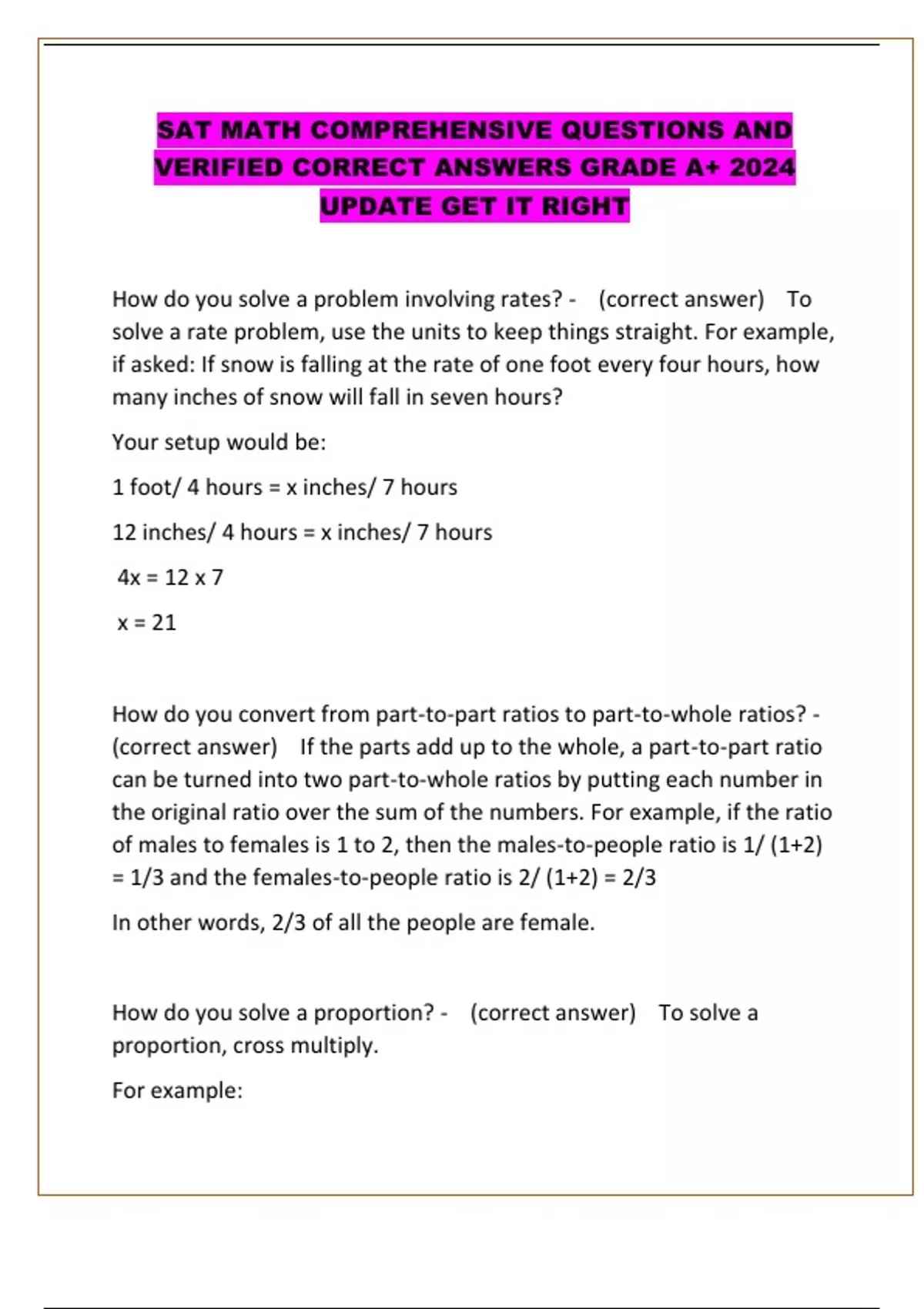 SAT MATH COMPREHENSIVE QUESTIONS AND VERIFIED CORRECT ANSWERS GRADE A+ ...