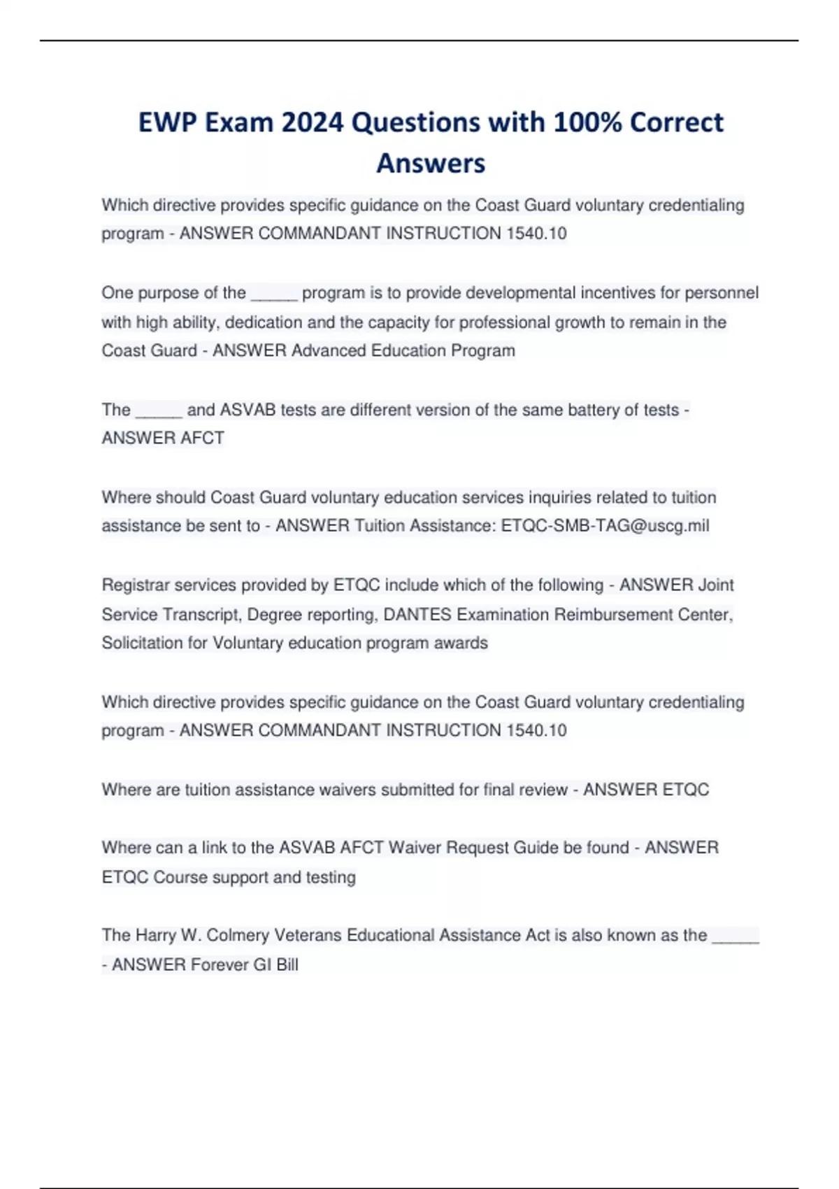 EWP Exam 2024 Questions with 100% Correct Answers - EWP - Stuvia US