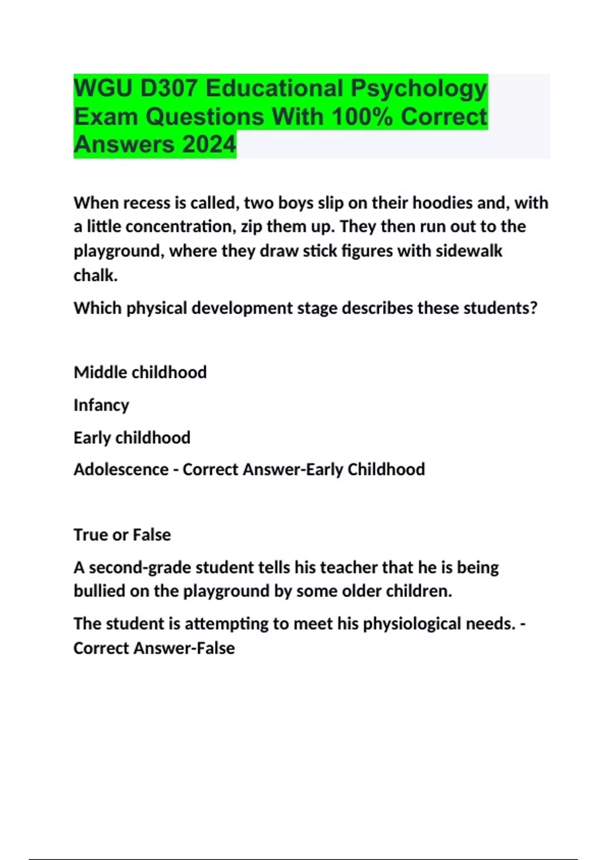 WGU D307 Educational Psychology Exam Questions With 100% Correct ...