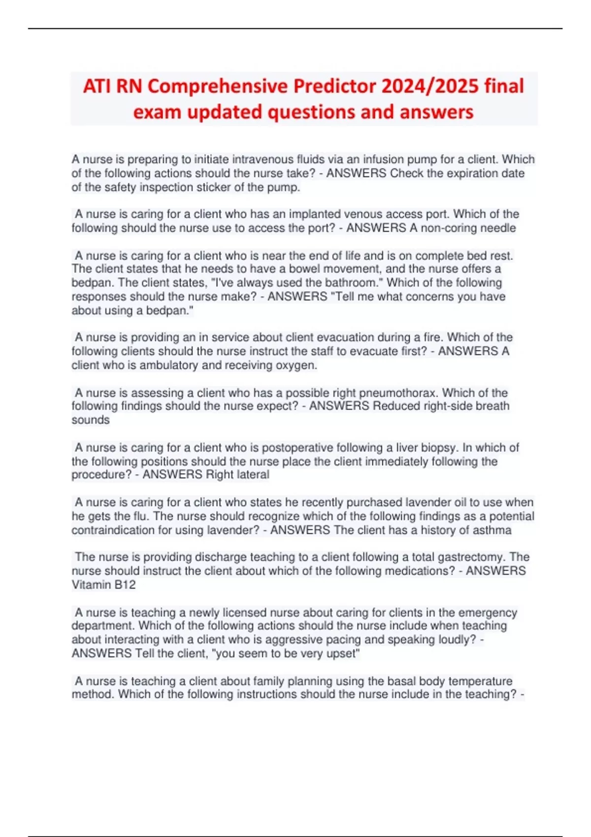 ATI RN Comprehensive Predictor 2024/2025 final exam updated questions and answers - ATI RN ...