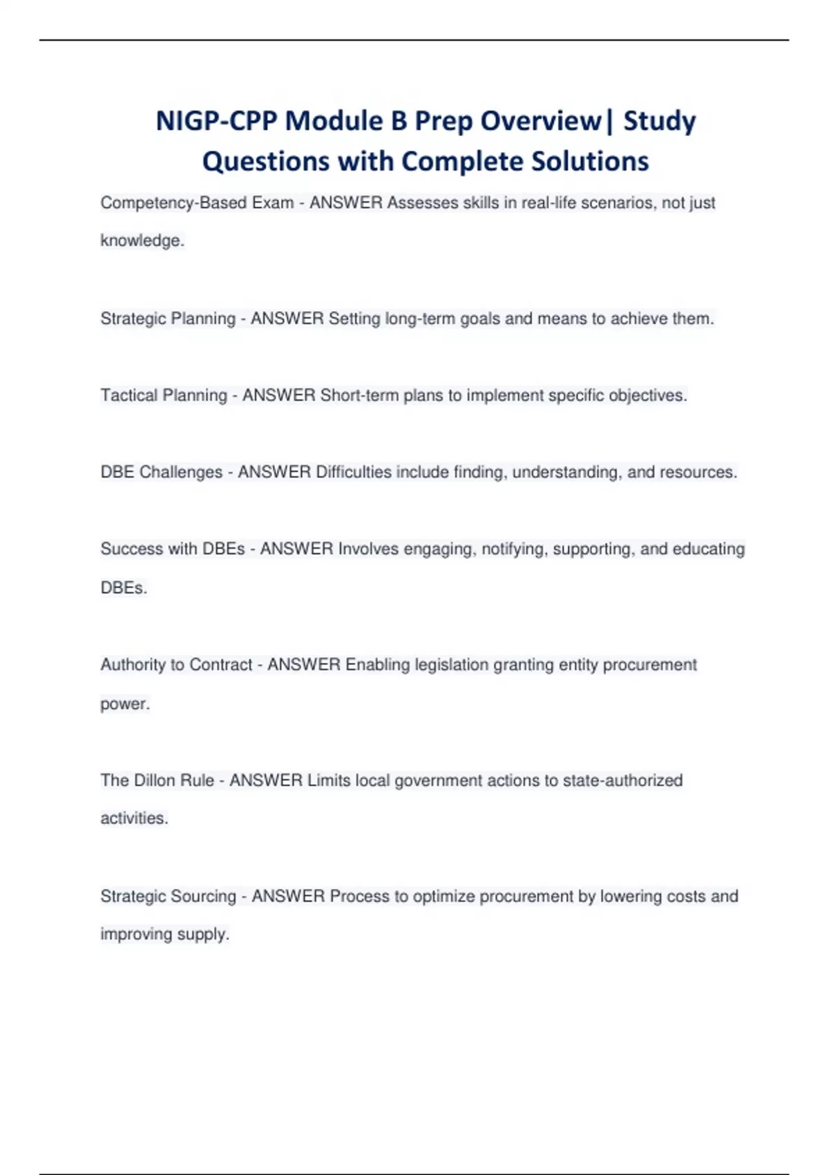 NIGP-CPP Module B Prep Overview| Study Questions with Complete Solutions - NIGP-CPP - Stuvia US