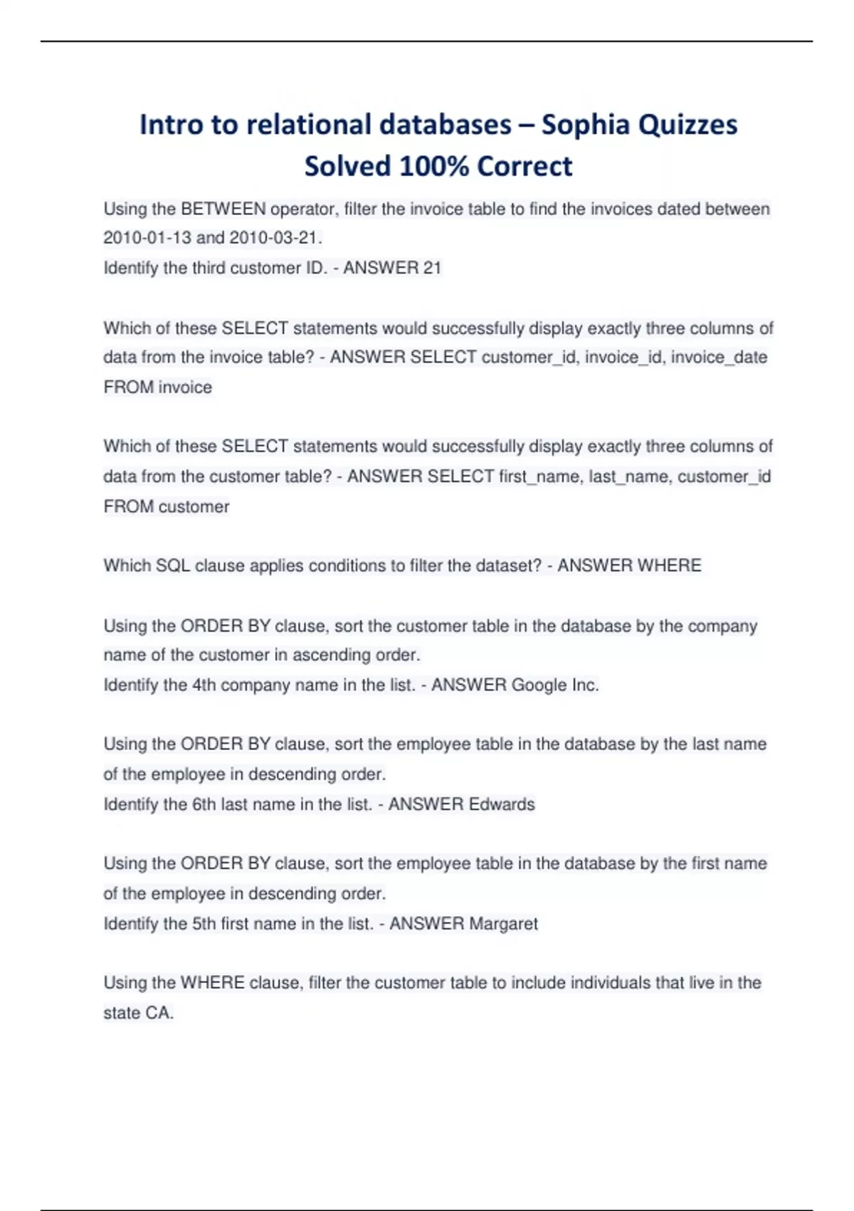 Intro to relational databases – Sophia Quizzes Solved 100% Correct - Relational Database - Stuvia US