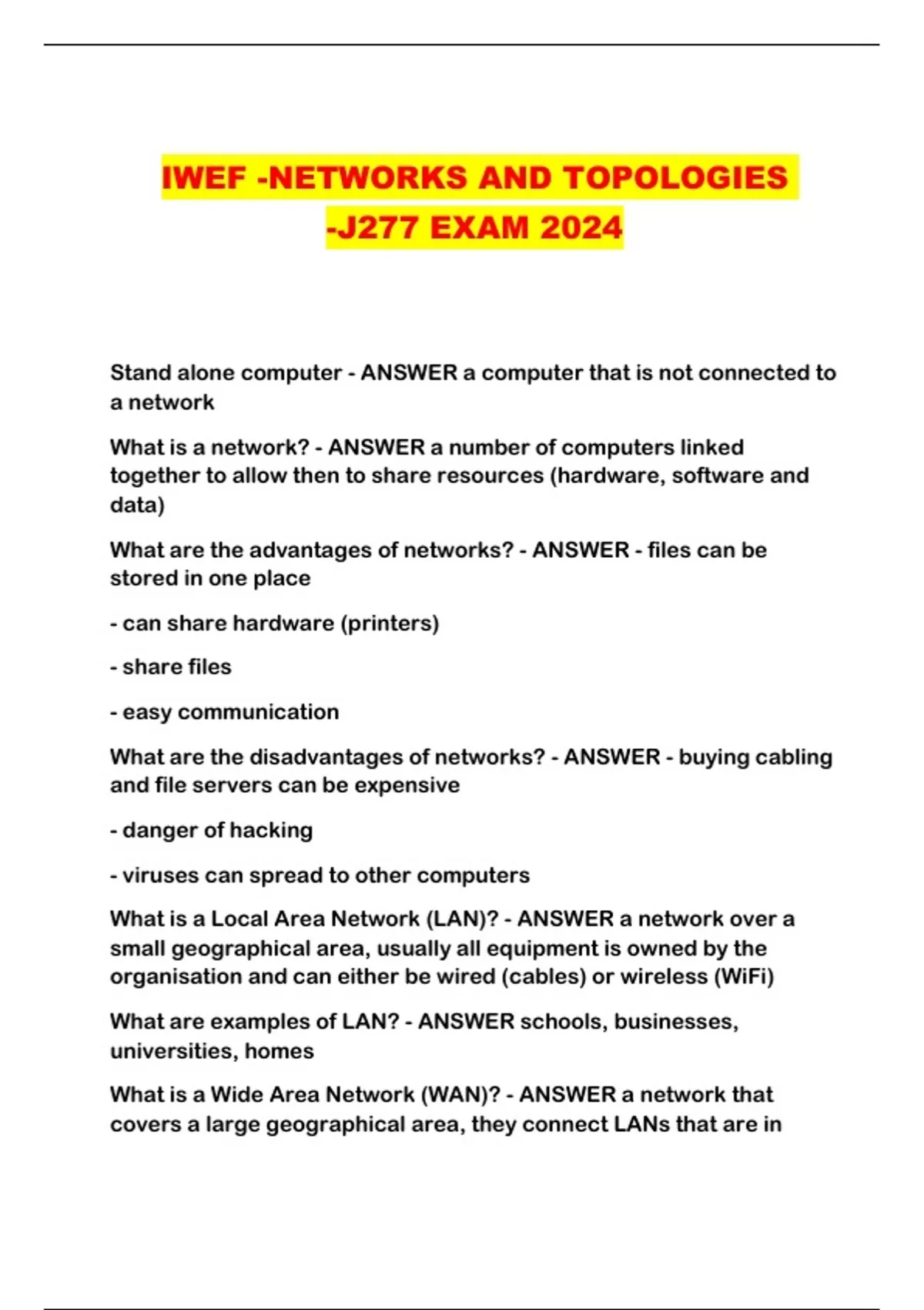 IWEF -NETWORKS AND TOPOLOGIES -J277 EXAM 2024 - IWEF -NETWORKS AND TOPOLOGIES -J277 - Stuvia US