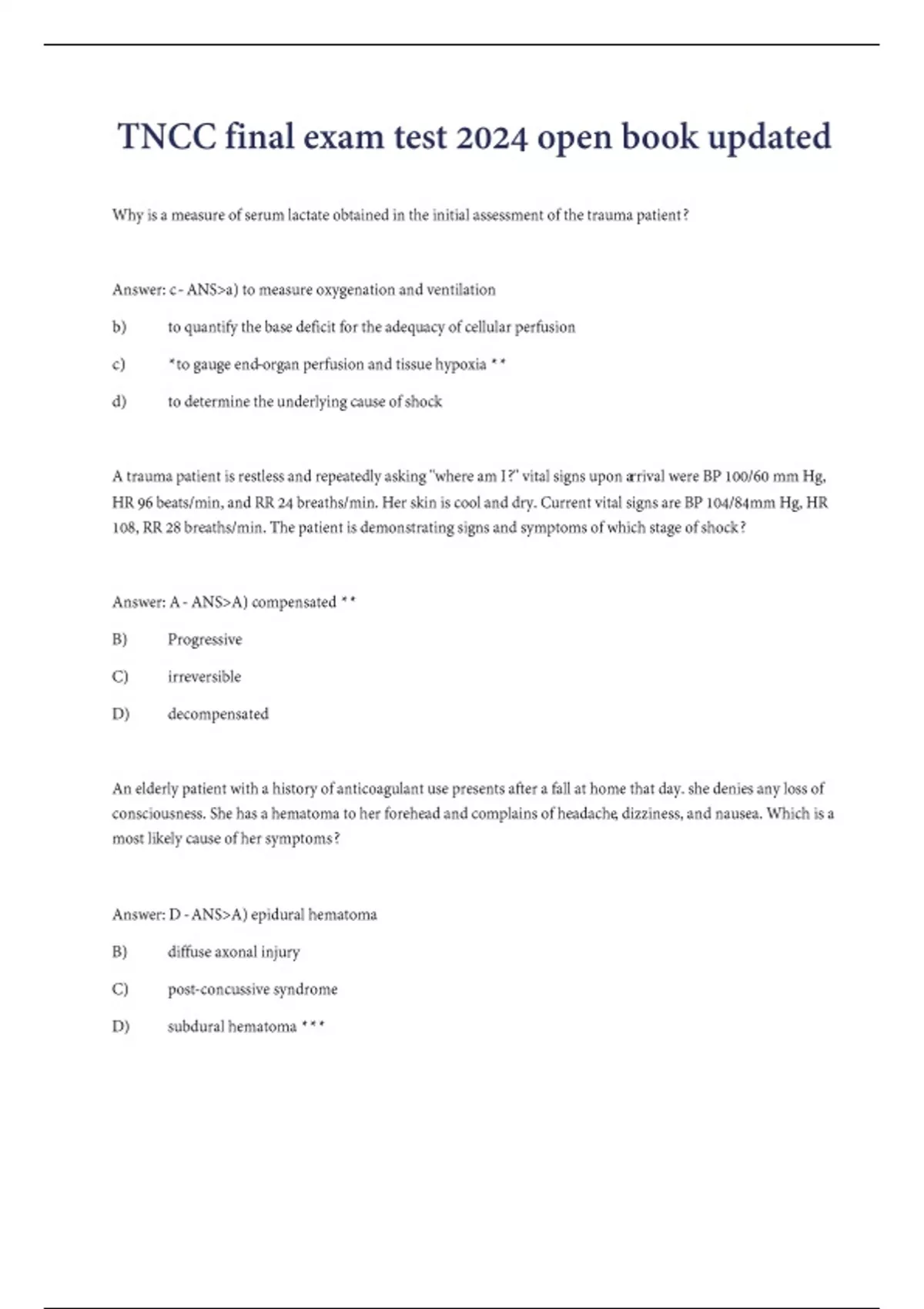 TNCC final exam test 2024 open book updated - TNCC - Stuvia US