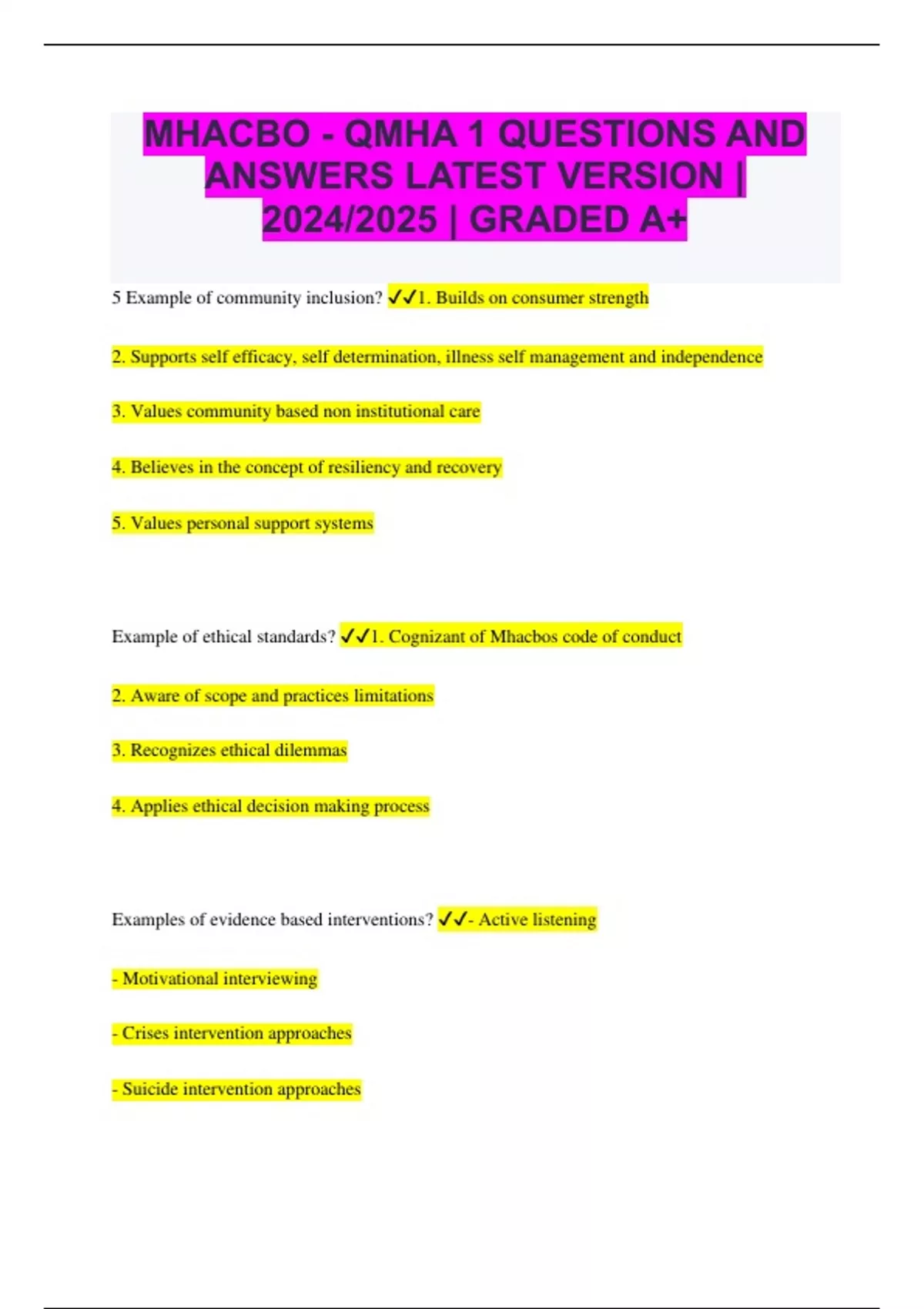 MHACBO - QMHA 1 QUESTIONS AND ANSWERS LATEST VERSION | 2024/2025 ...