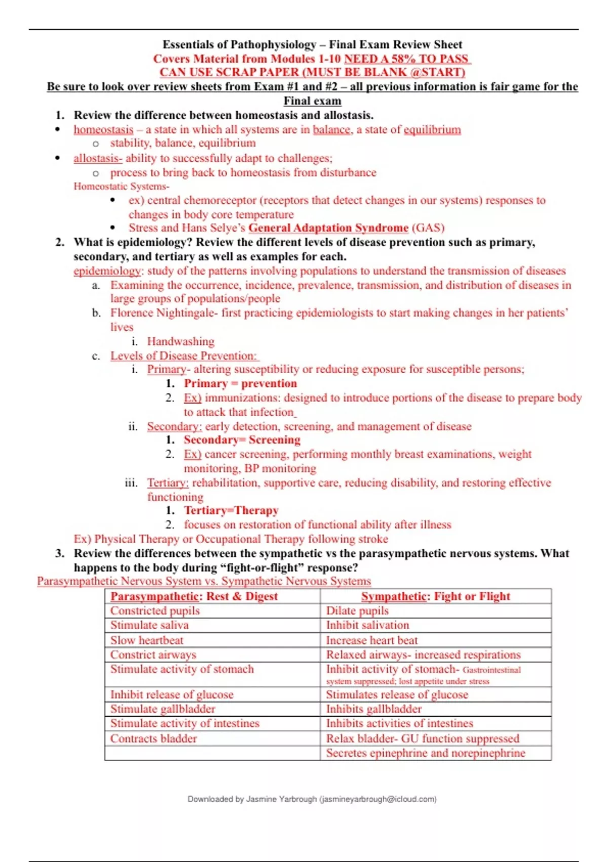 Essentials of Pathophysiology – Final Exam Review Sheet Covers Material ...