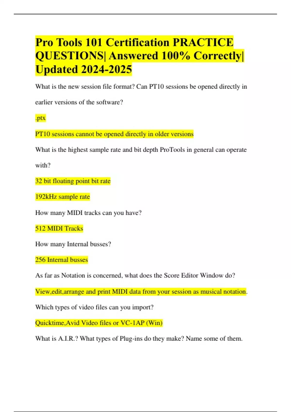 Pro Tools 101 Certification PRACTICE QUESTIONS| Answered 100% Correctly ...