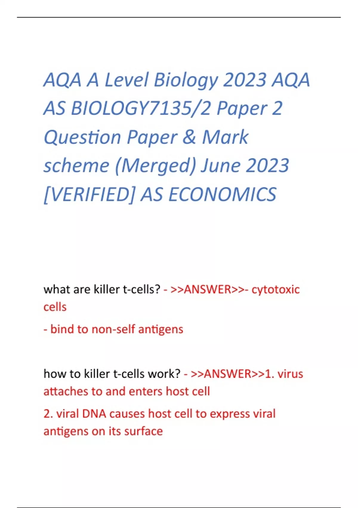 AQA A Level Biology 2023 AQA AS BIOLOGY7135/2 Paper 2 Question Paper & Mark scheme (Merged) June ...