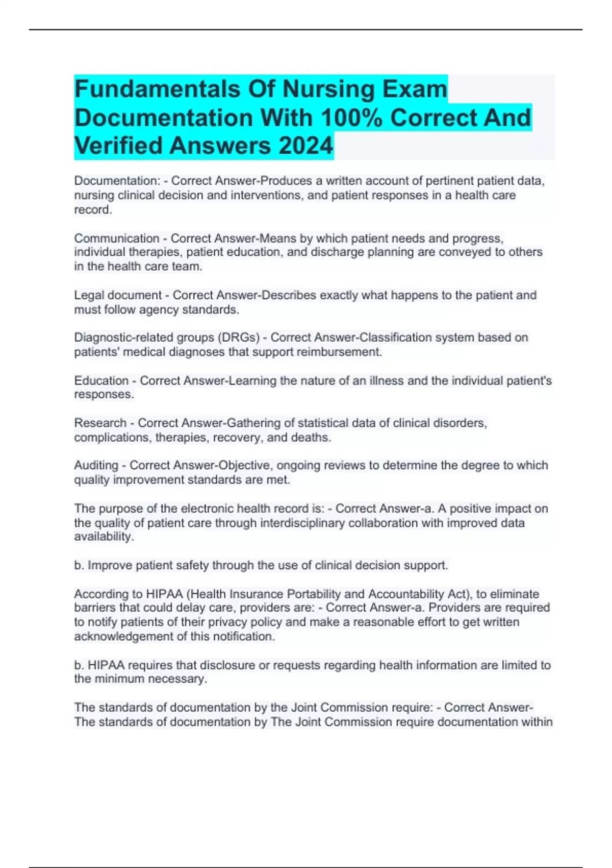 Fundamentals Of Nursing Exam Documentation With 100% Correct And ...