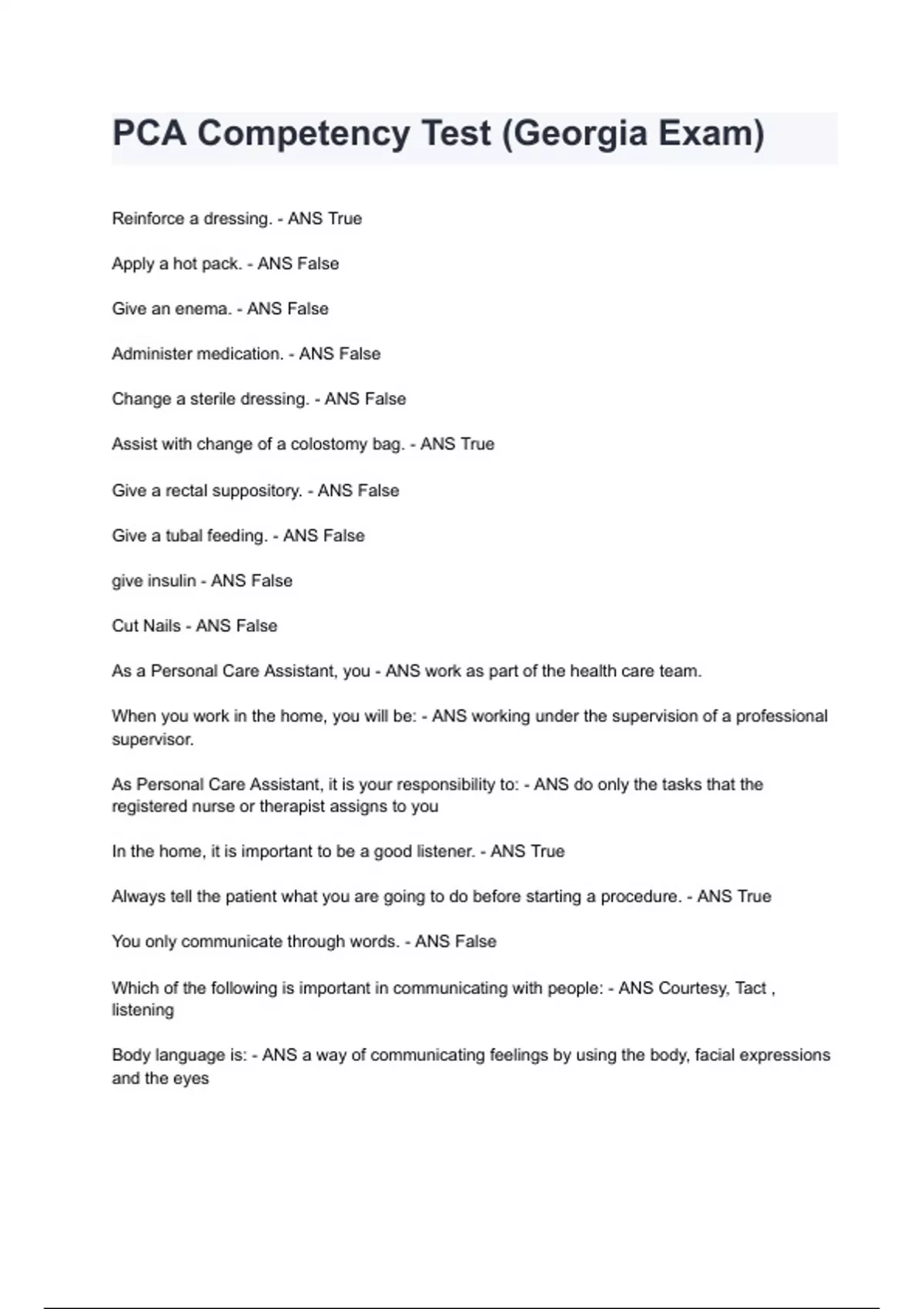 PCA Competency Test (Georgia Exam) 2024/2025 Questions With Completed ...