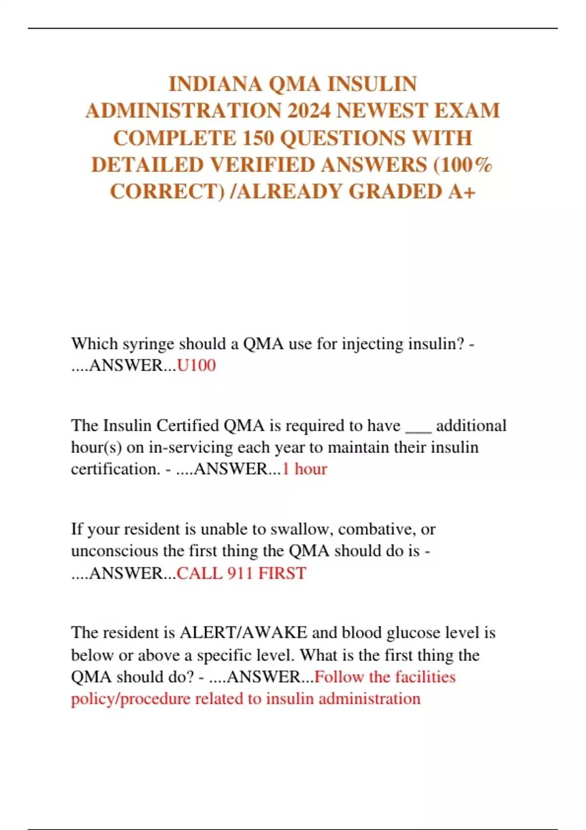 INDIANA QMA INSULIN ADMINISTRATION 2024 NEWEST EXAM COMPLETE 150 ...