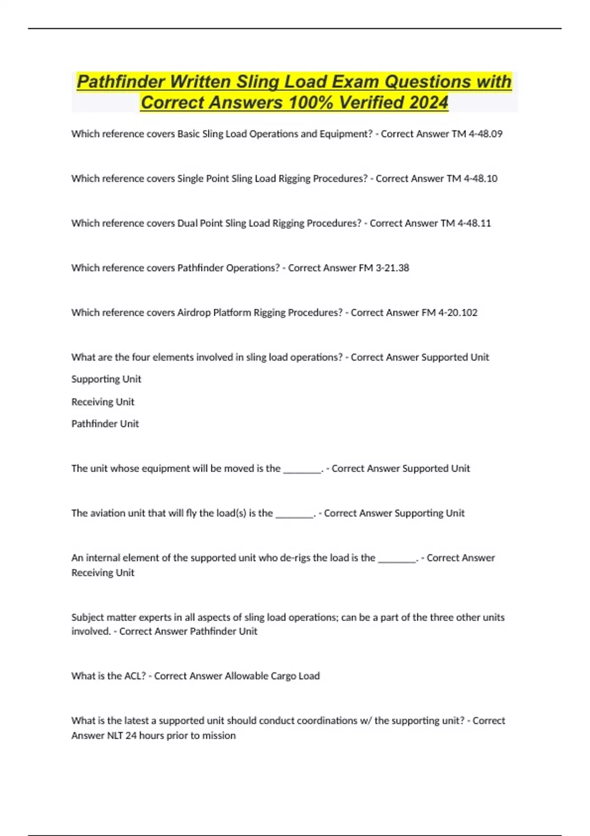 Pathfinder Written Sling Load Exam Questions with Correct Answers 100% ...