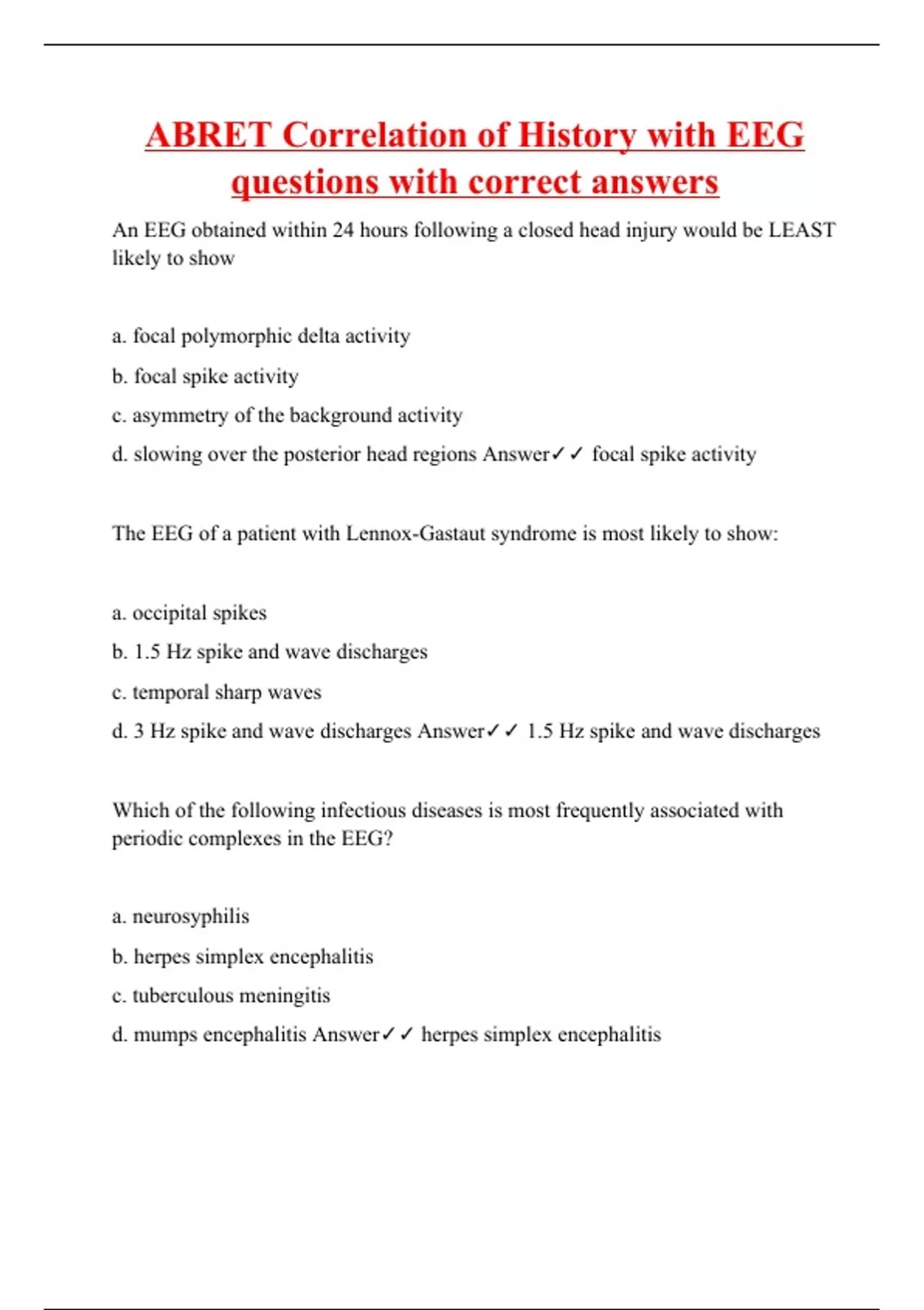 ABRET Correlation of History with EEG questions with correct answers ...