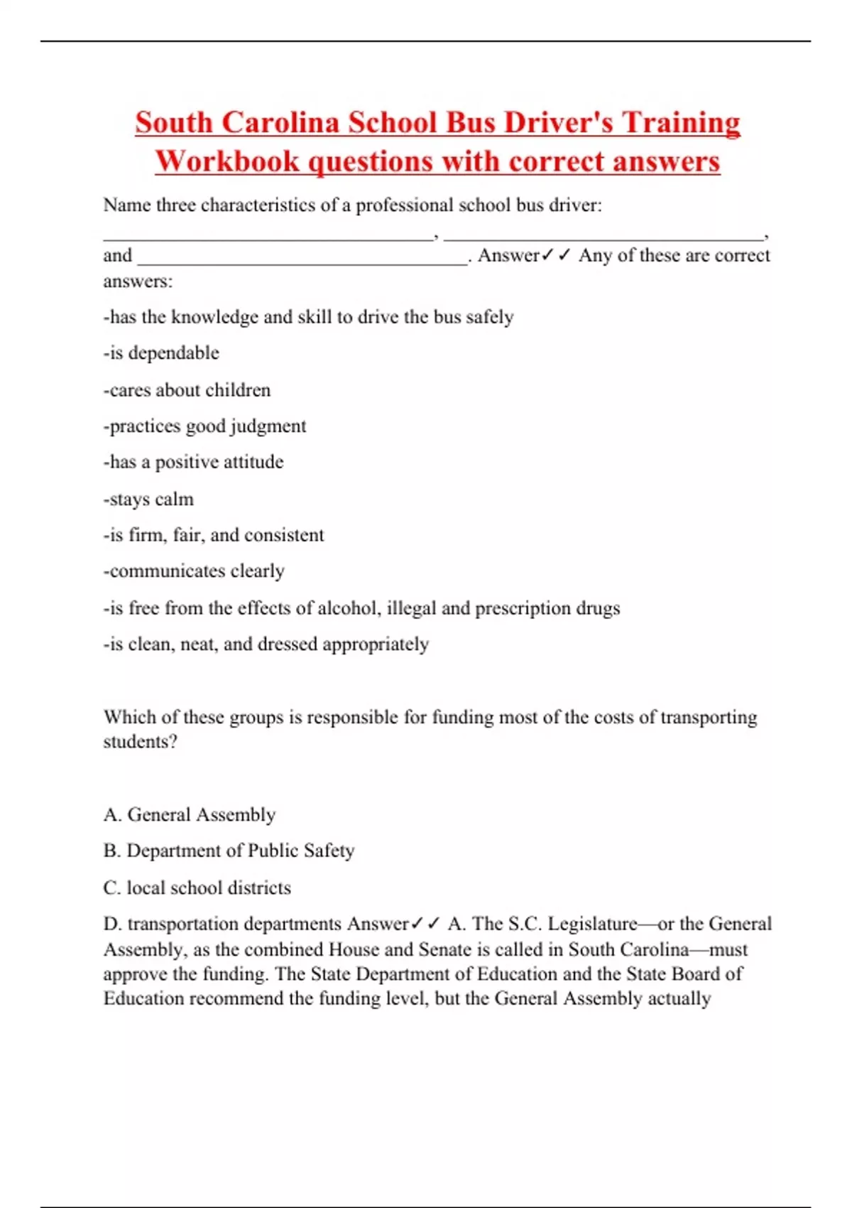 South Carolina School Bus Driver's Training Workbook questions with ...