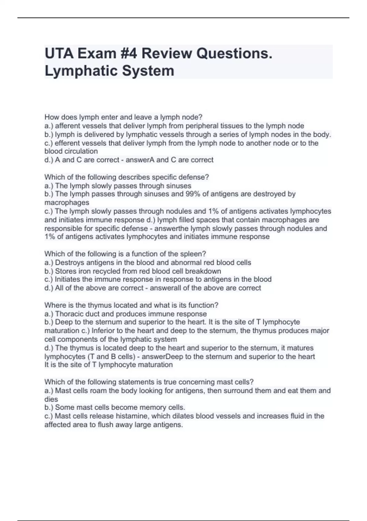 UTA Exam #4 Review Questions. Lymphatic System Questions with Solutions ...