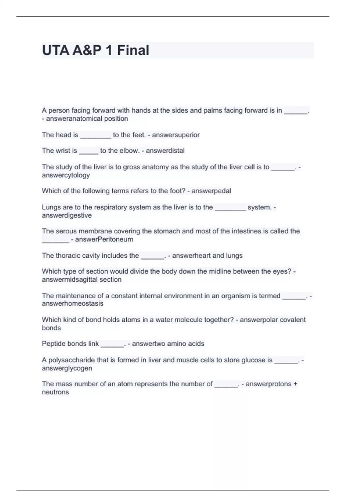 UTA A&P 1 Final Questions with Solutions 2024 - UTA - Stuvia US