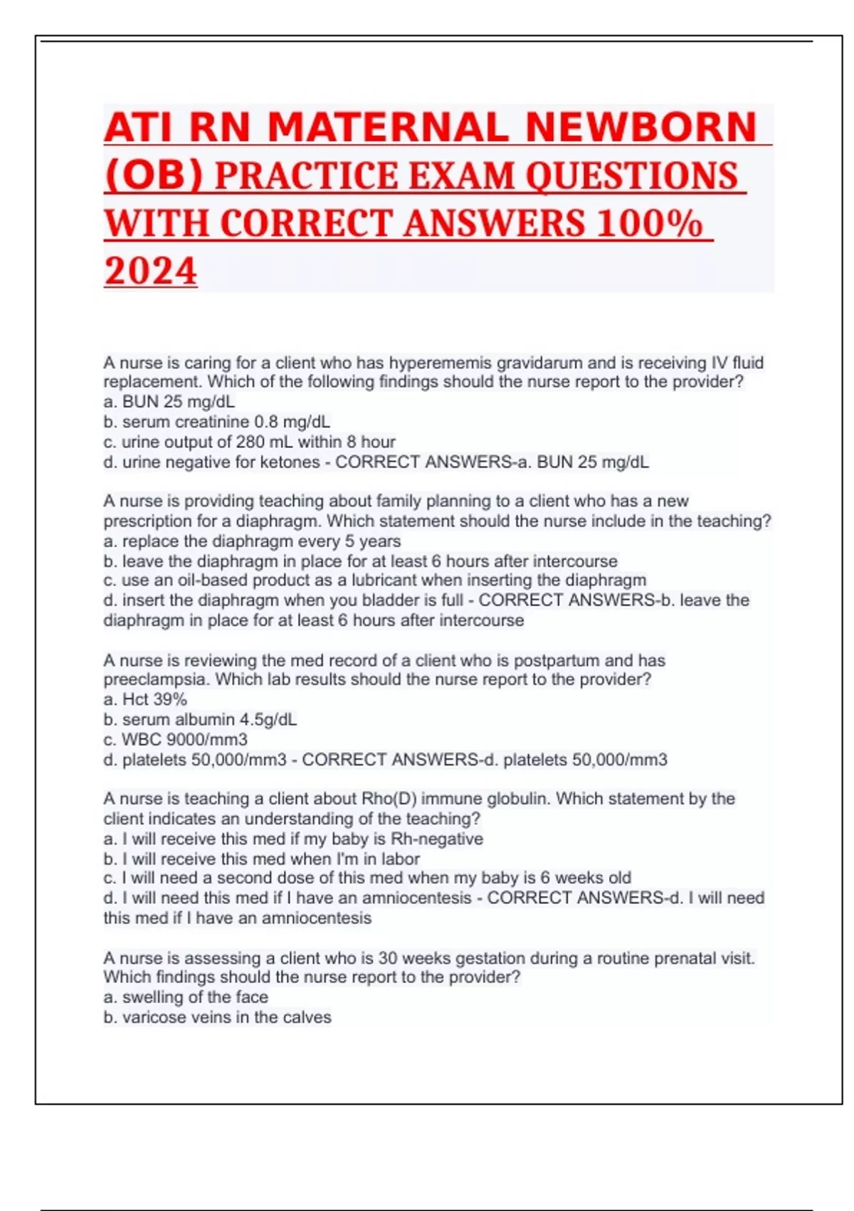 ATI RN MATERNAL NEWBORN (OB) PRACTICE EXAM QUESTIONS WITH CORRECT ...