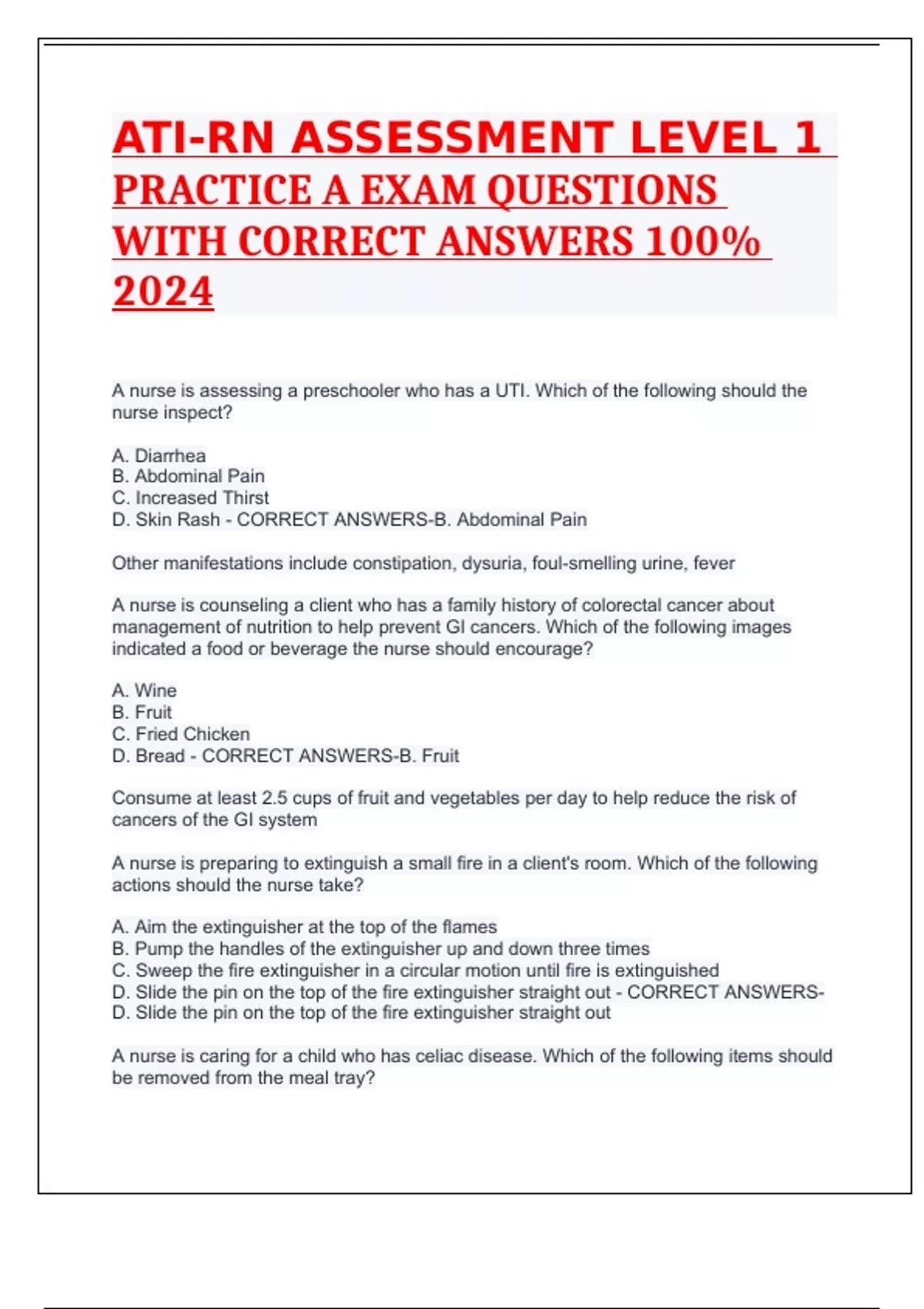 ATI-RN ASSESSMENT LEVEL 1 PRACTICE A EXAM QUESTIONS WITH CORRECT ...