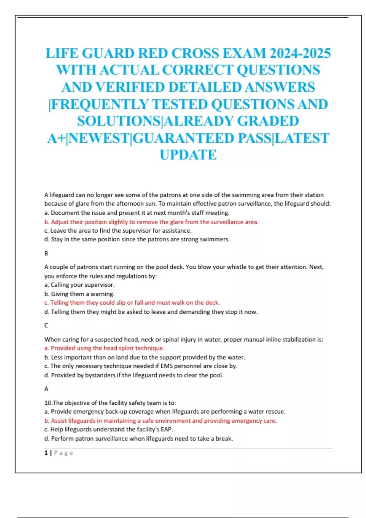 LIFE GUARD RED CROSS EXAM WITH ACTUAL CORRECT QUESTIONS AND VERIFIED ...