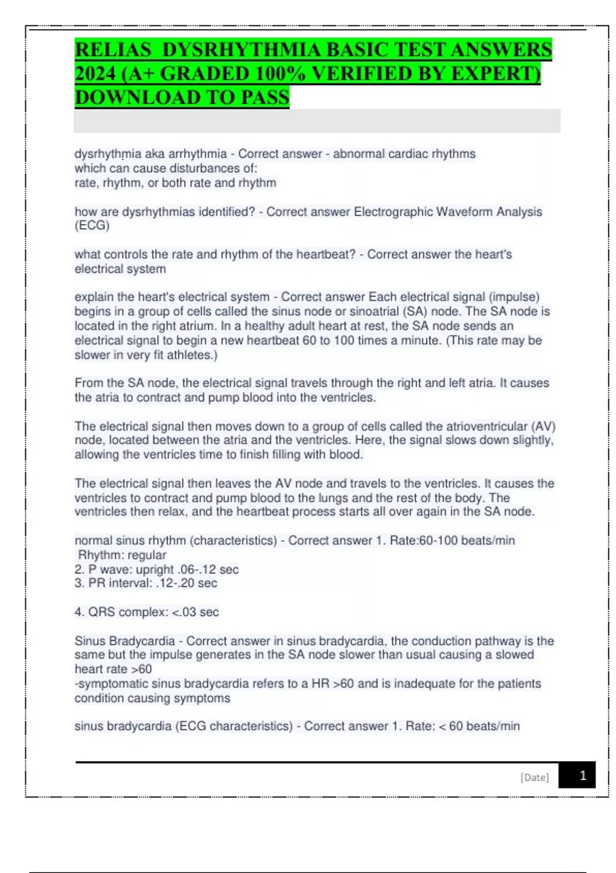 RELIAS DYSRHYTHMIA BASIC TEST ANSWERS 2024 (A+ GRADED 100% VERIFIED BY ...