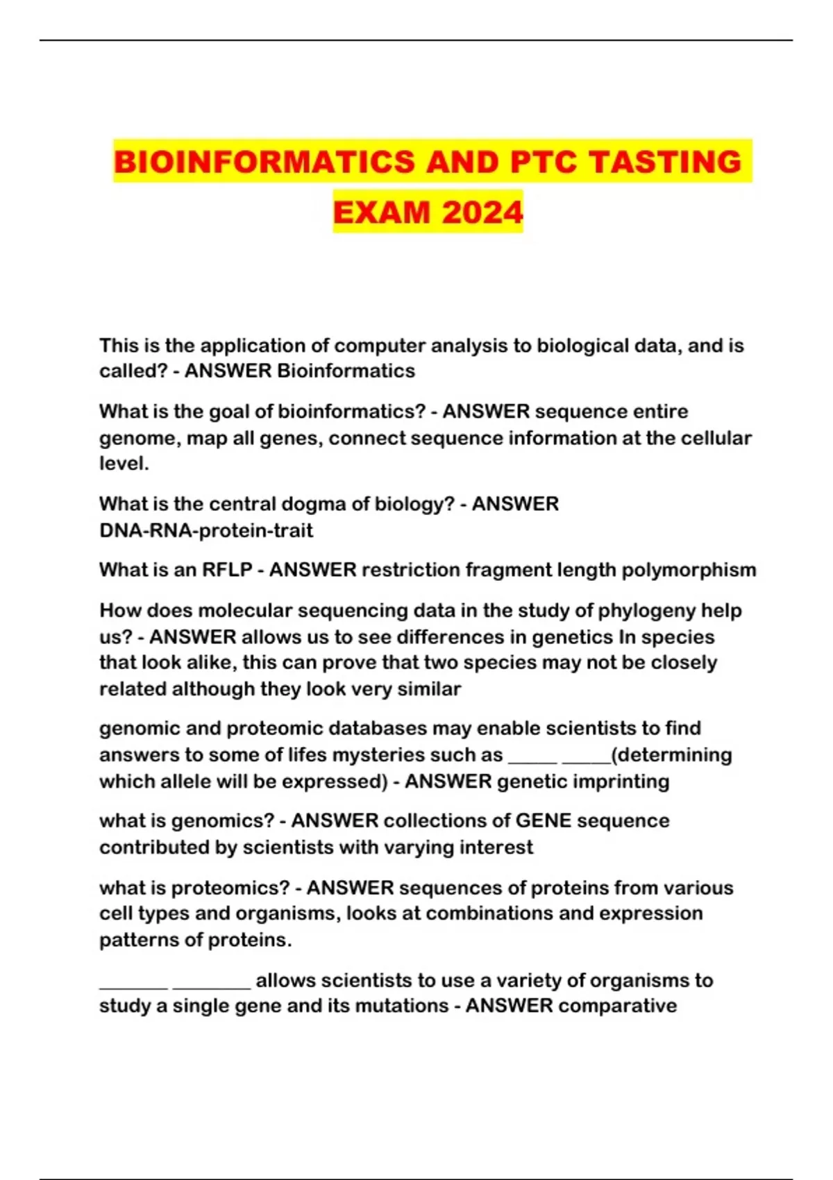 BIOINFORMATICS AND PTC TASTING EXAM 2024 - BIOINFORMATICS AND PTC ...