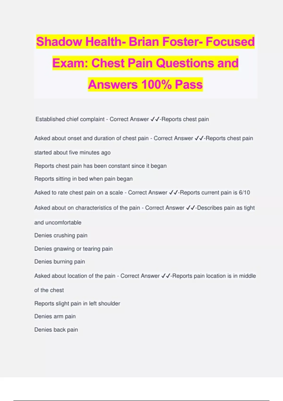 Shadow Health- Brian Foster- Focused Exam: Chest Pain Questions and ...