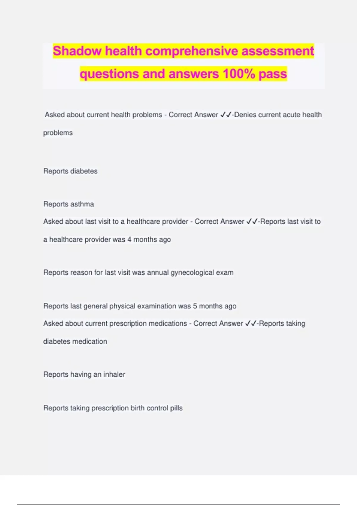 Shadow health comprehensive assessment questions and answers 100% pass ...