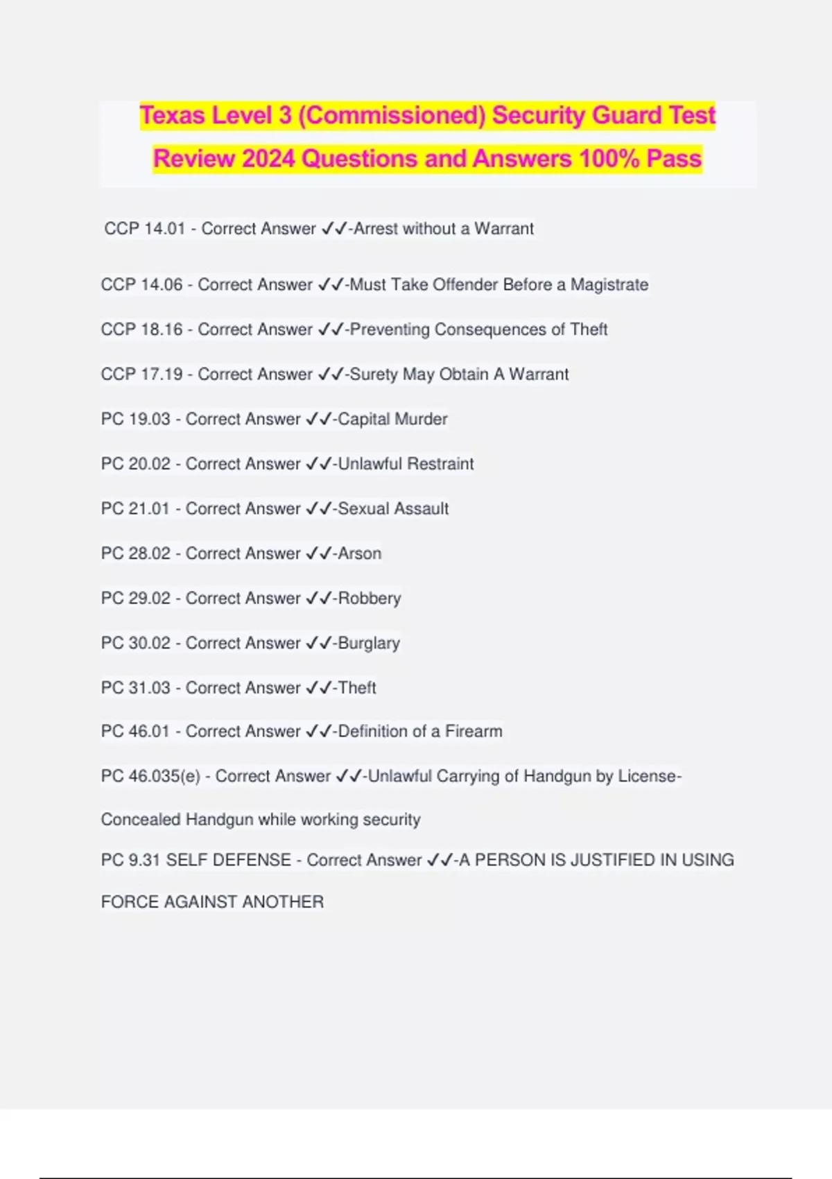 Texas Level 3 (Commissioned) Security Guard Test Review 2024 Questions ...