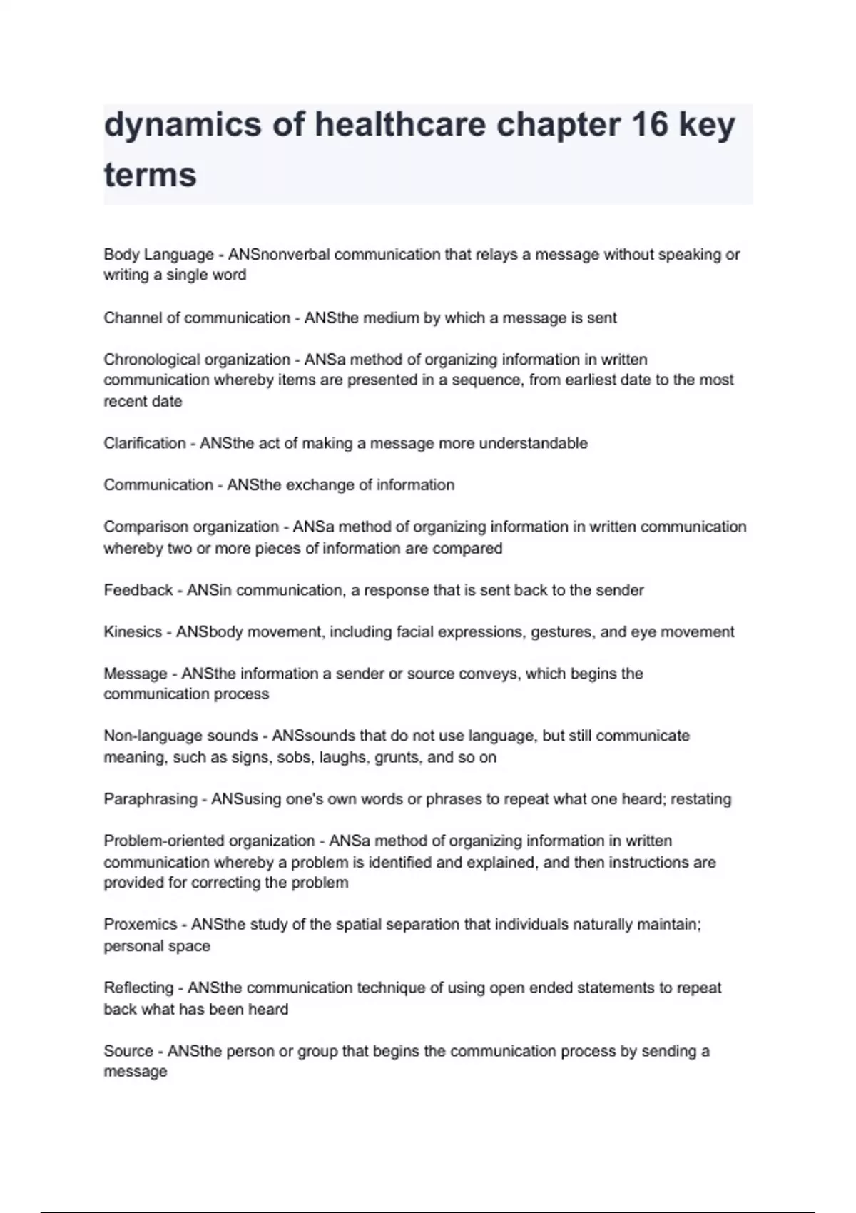 dynamics of healthcare chapter 16 key terms questions and answers rated ...