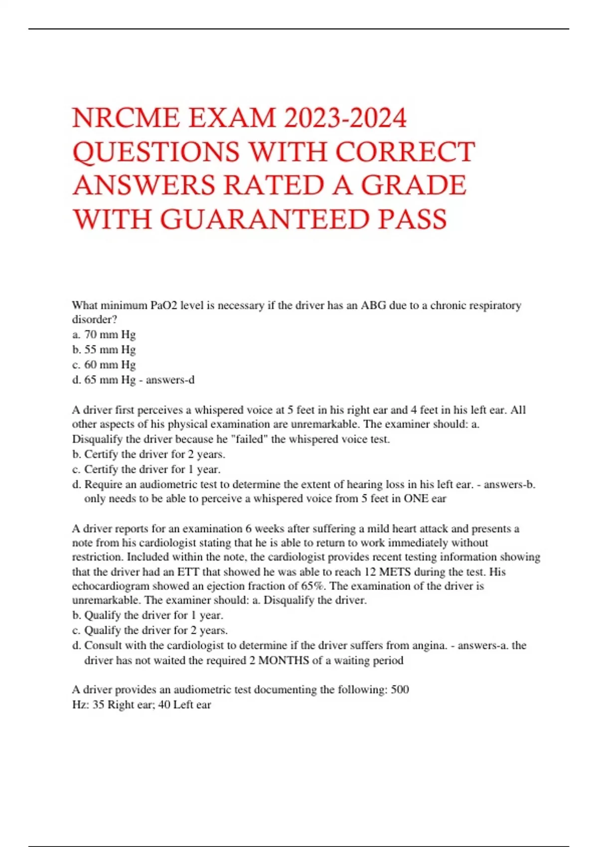 NRCME EXAM QUESTIONS WITH CORRECT ANSWERS RATED A GRADE WITH GUARANTEED ...