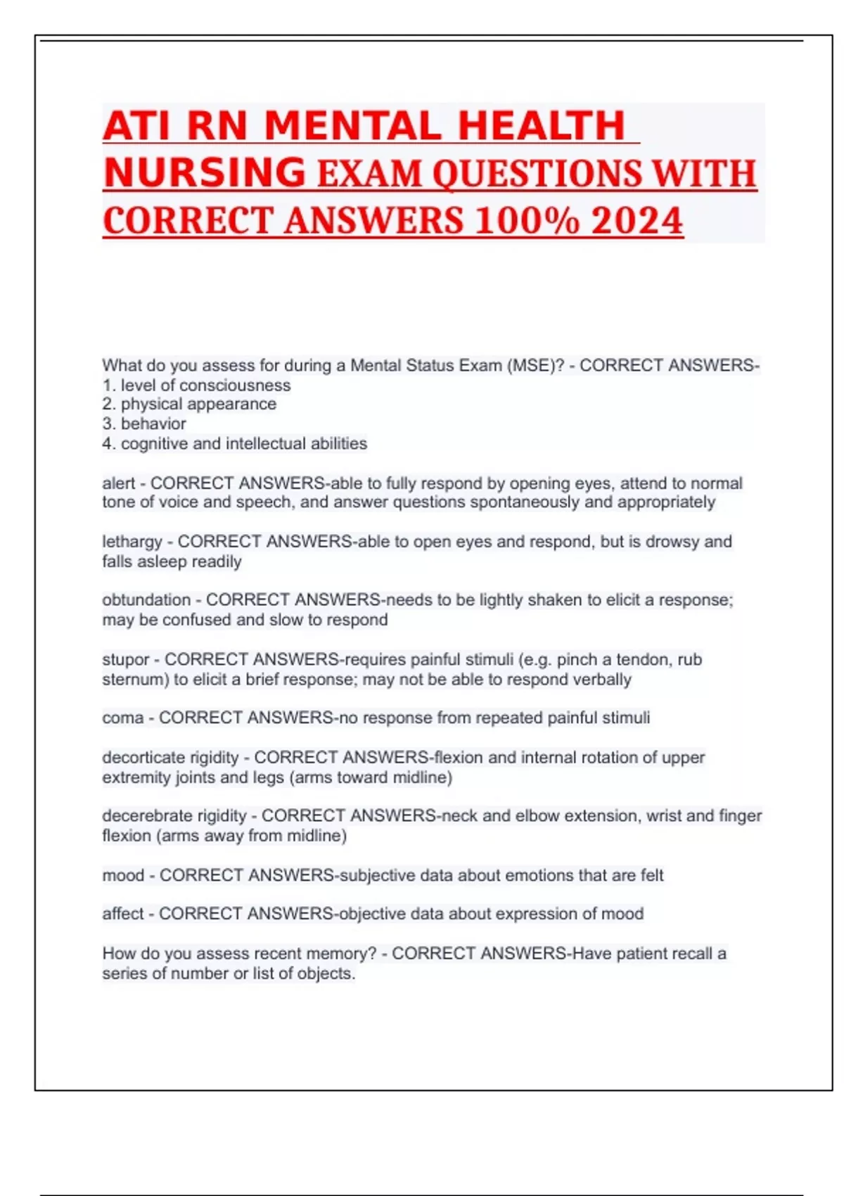 ATI RN MENTAL HEALTH NURSING EXAM QUESTIONS WITH CORRECT ANSWERS 100% ...