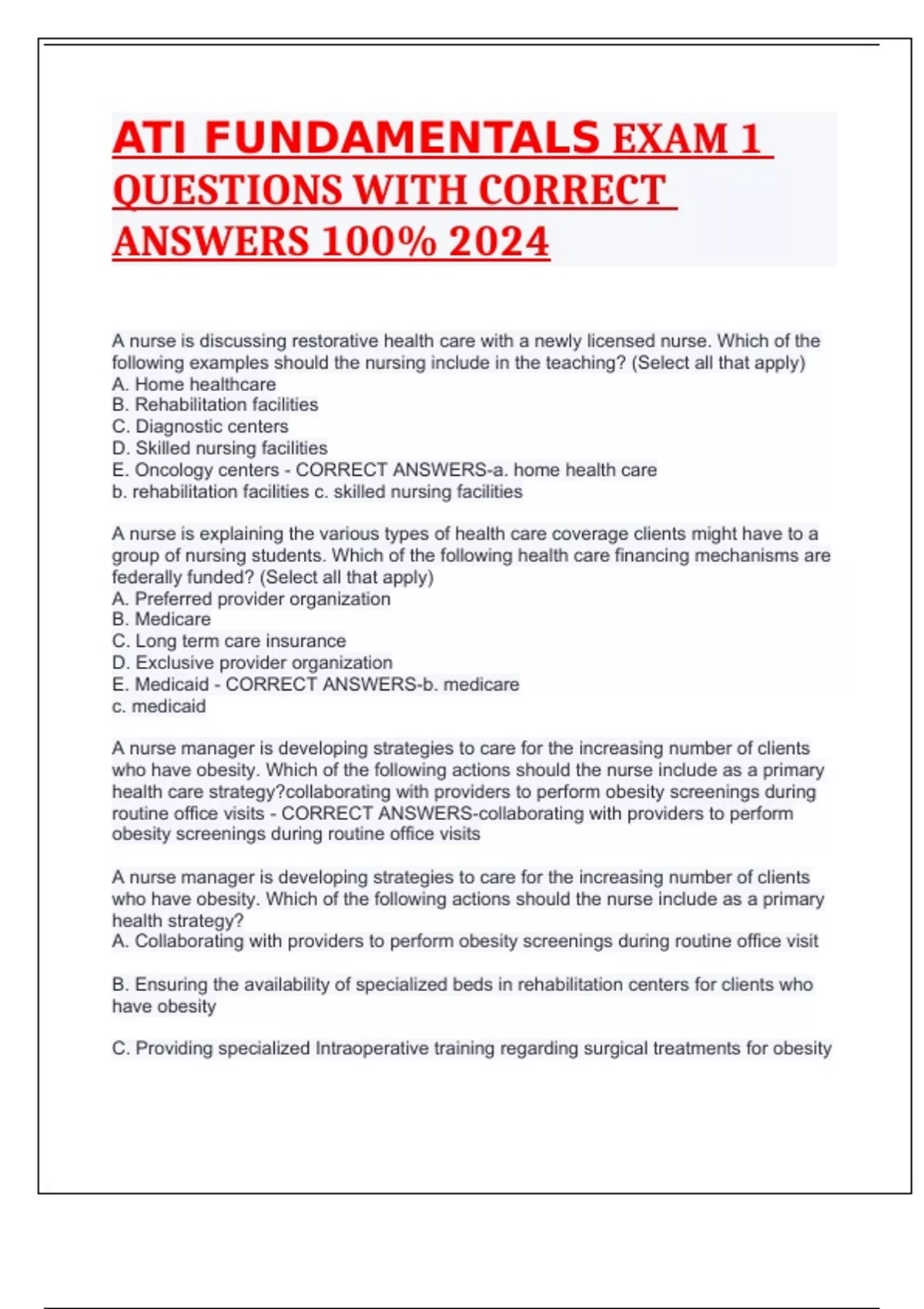 ATI FUNDAMENTALS EXAM 1 QUESTIONS WITH CORRECT ANSWERS 100% 2024 - ATI ...