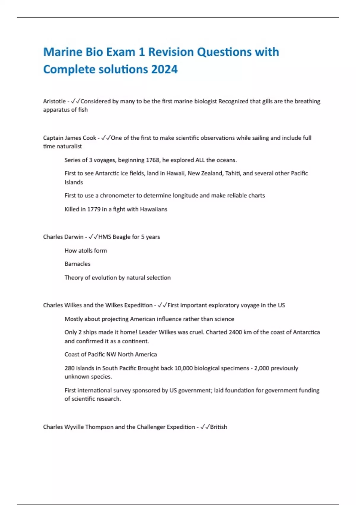 Marine Bio Exam 1 Revision Questions with Complete solutions 2024 ...